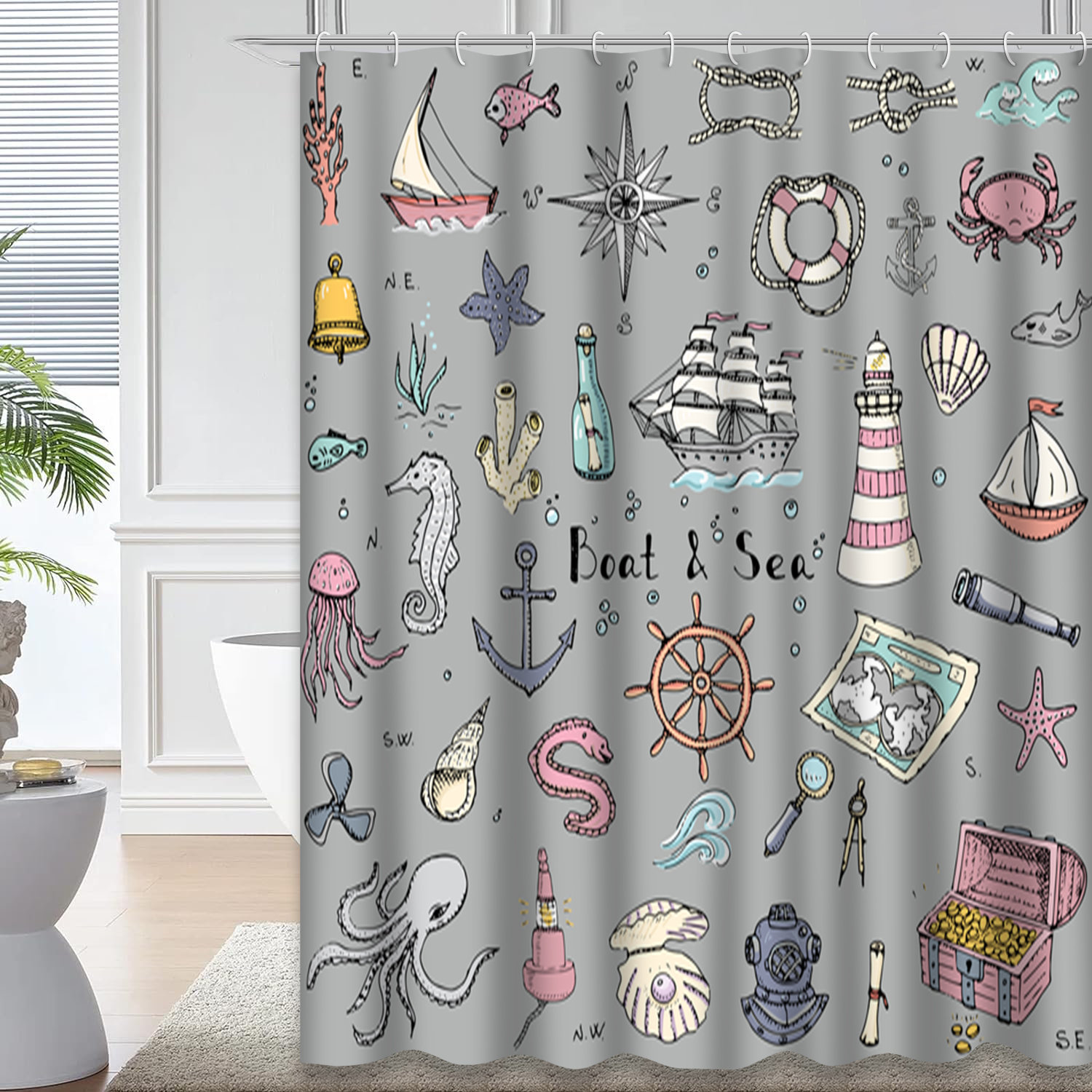 East Urban Home Waterproof Sea Marine Shower Curtain, Doodle Boat and ...