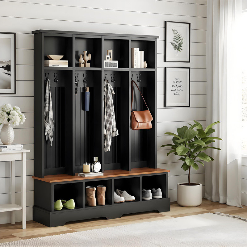 One Allium Way Farmhouse Hall Tree with Bench and Shoe Storage Wooden ...