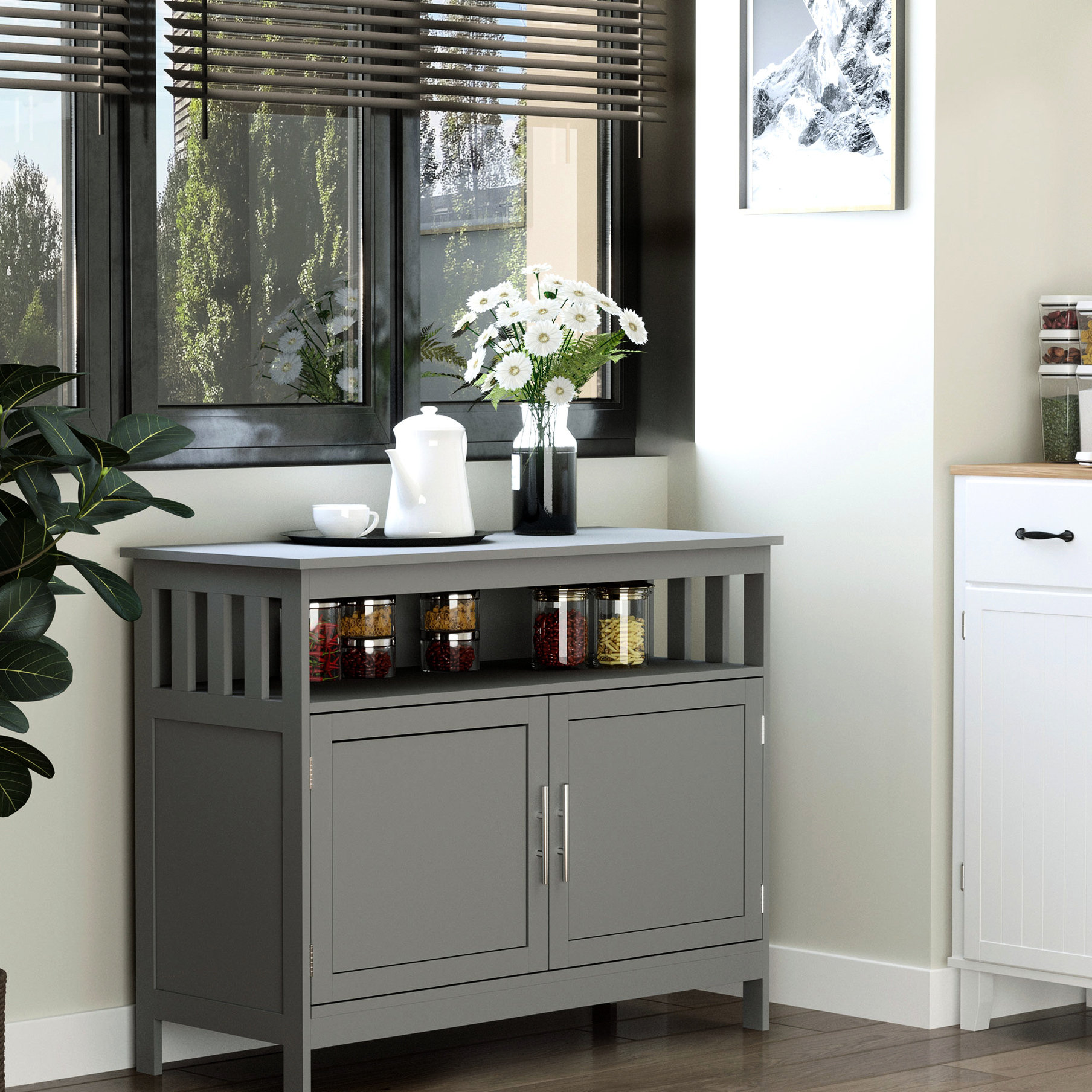 Ebern Designs Grey Kitchen Cabinet, Sideboard Buffet With 2-level ...