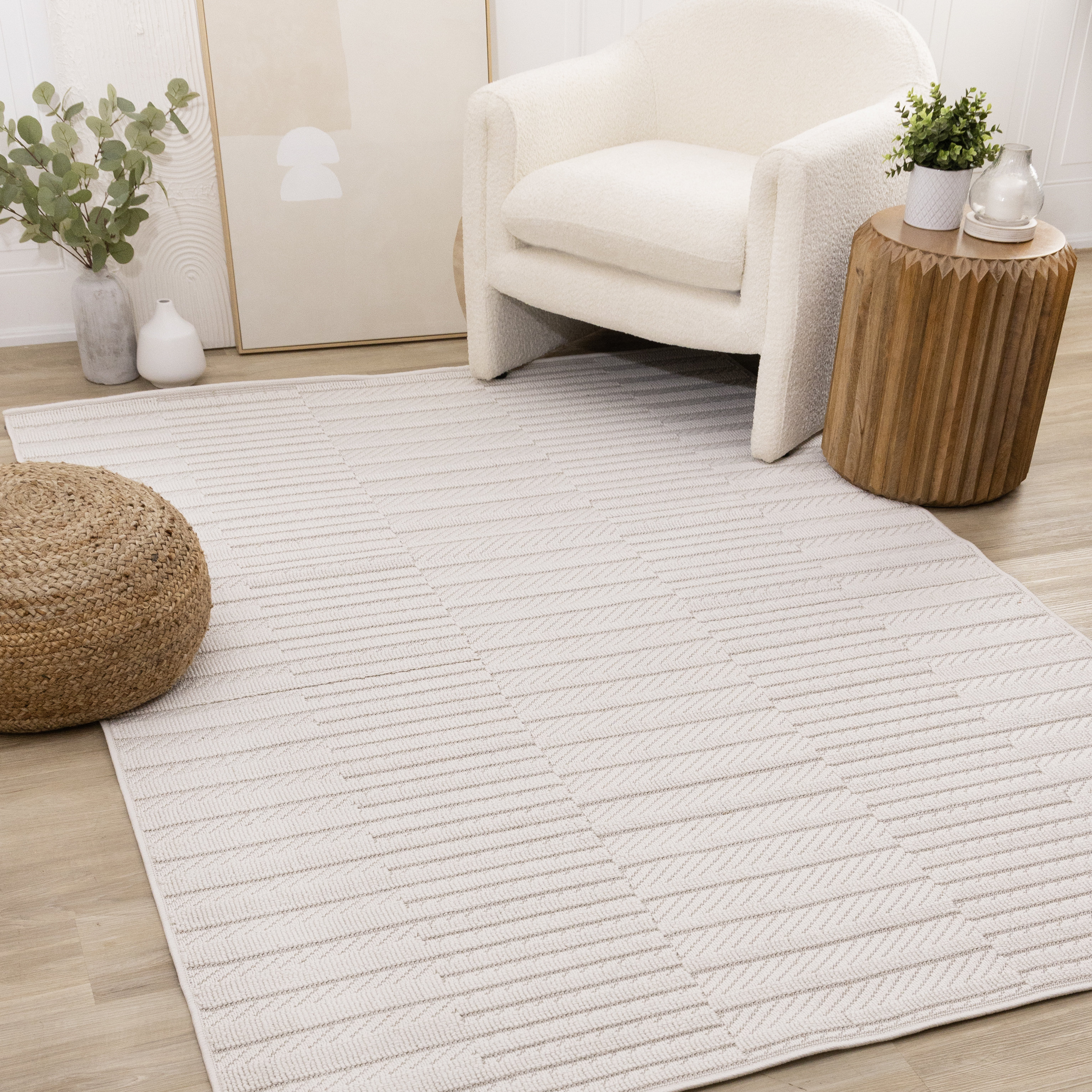 Ebern Designs Elijas Modern Looped Cream Lines Textured Area Rug | Wayfair