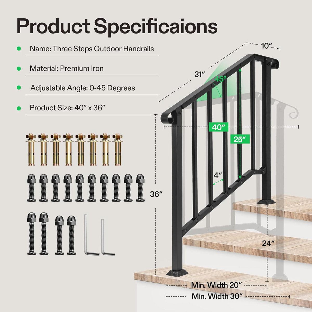 Huahui Black Wrought Iron Outdoor Stair Handrail - 40"X36", Fits 1-3 ...