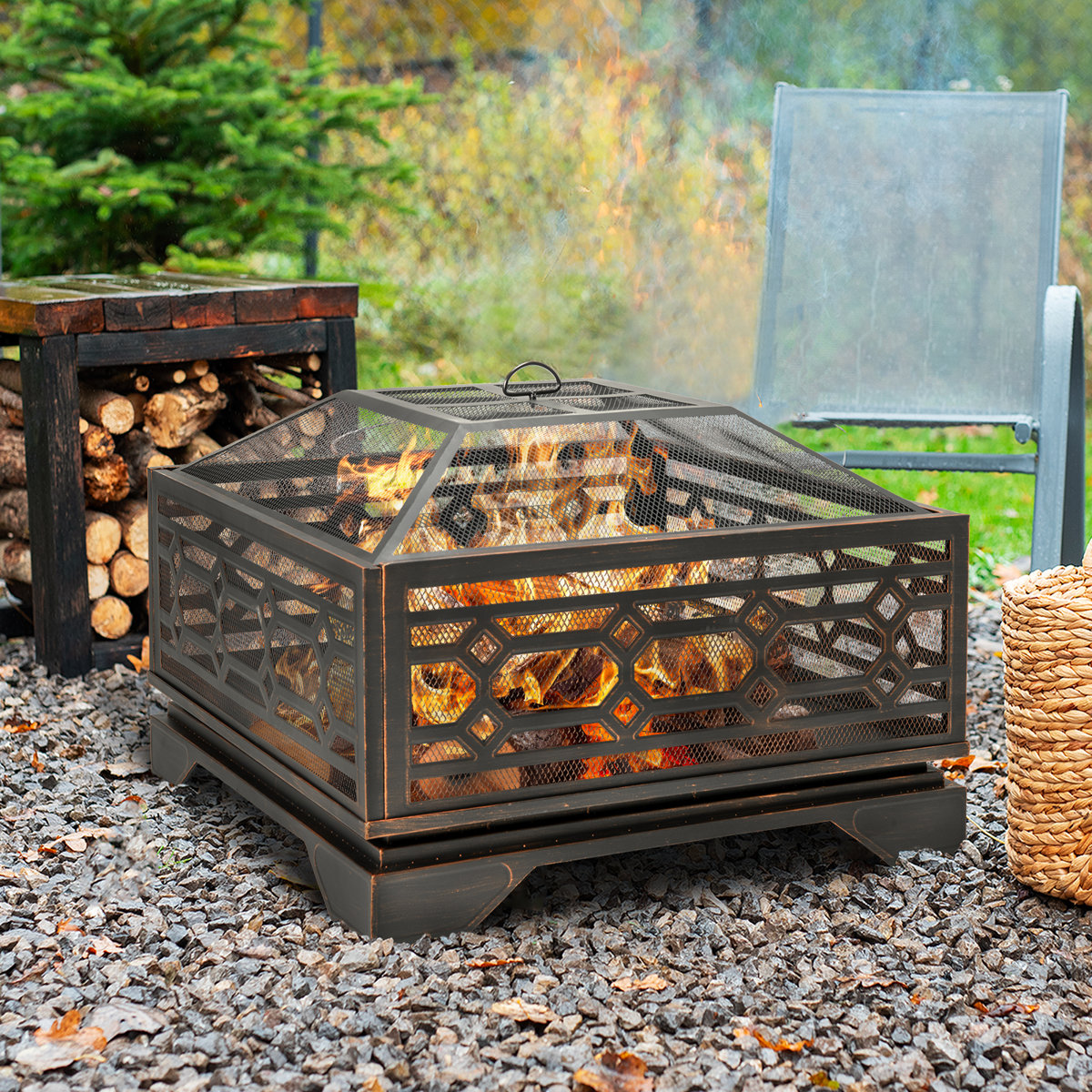 Red Barrel Studio® Square Wood Burning Fire Pit For Outdoor Patio ...