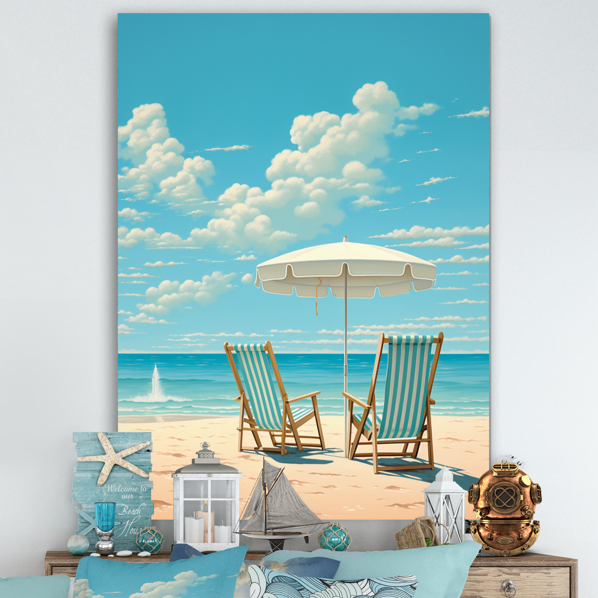 Highland Dunes Retro Beach Chairs under a Clear Blue Sky I - Print on ...