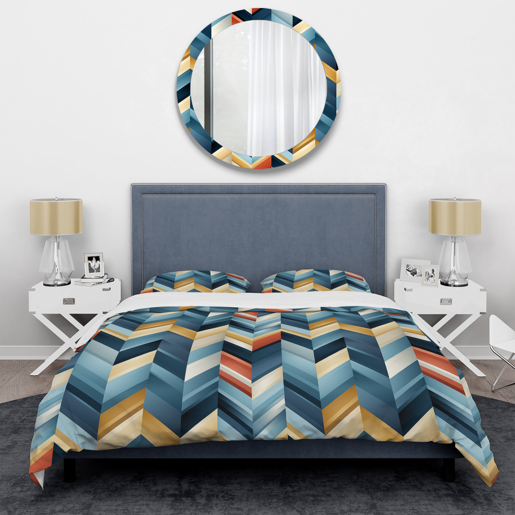 Design Art Blue And Golden Geometric Chevron Blue/Yellow Microfiber ...