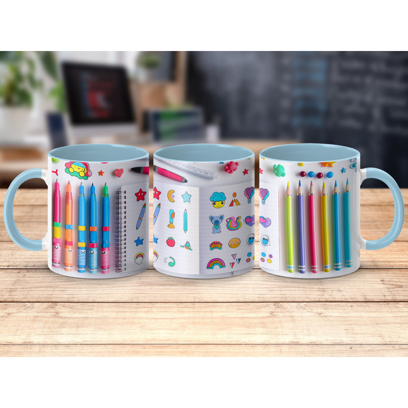 East Urban Home Set of 3 Kids Drawing Style 11oz Accent Mugs – White ...