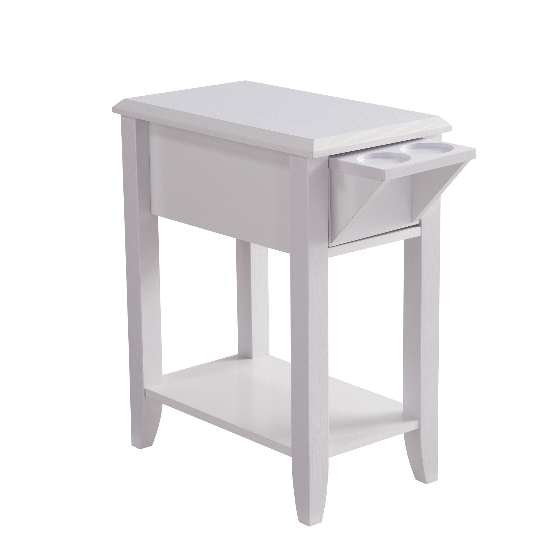 Ebern Designs Modern White Chairside Table With Cup Holder Utilities And Shelf Two Holders ...