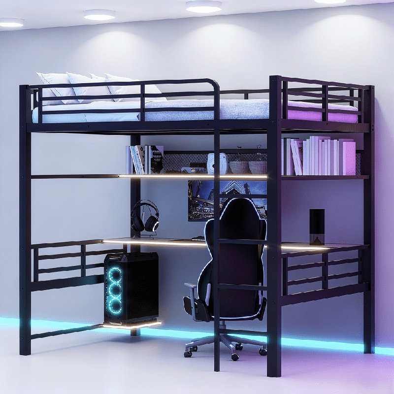 One Allium Way® Full Size Metal Loft Bed with Storage Shelf & LED ...