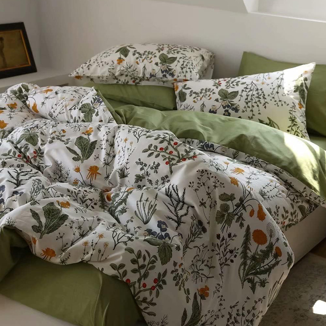 ASTER-FORM CORP Twin Cotton White And Green Floral Plant Bedding Set ...