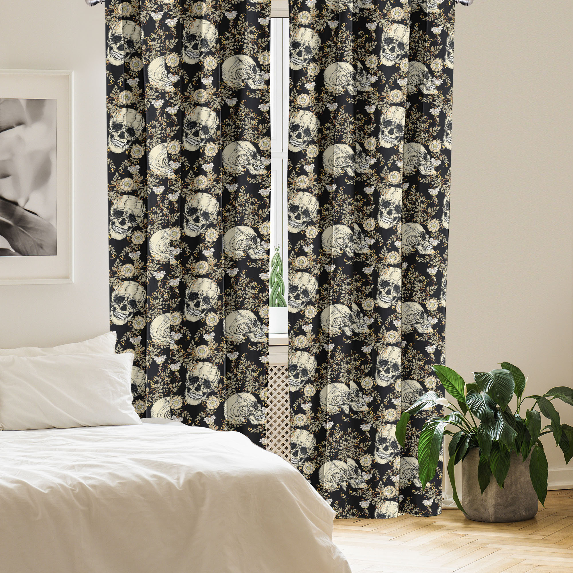 Ambesonne Skull Curtains Old School American Skeleton Pair Charcoal ...