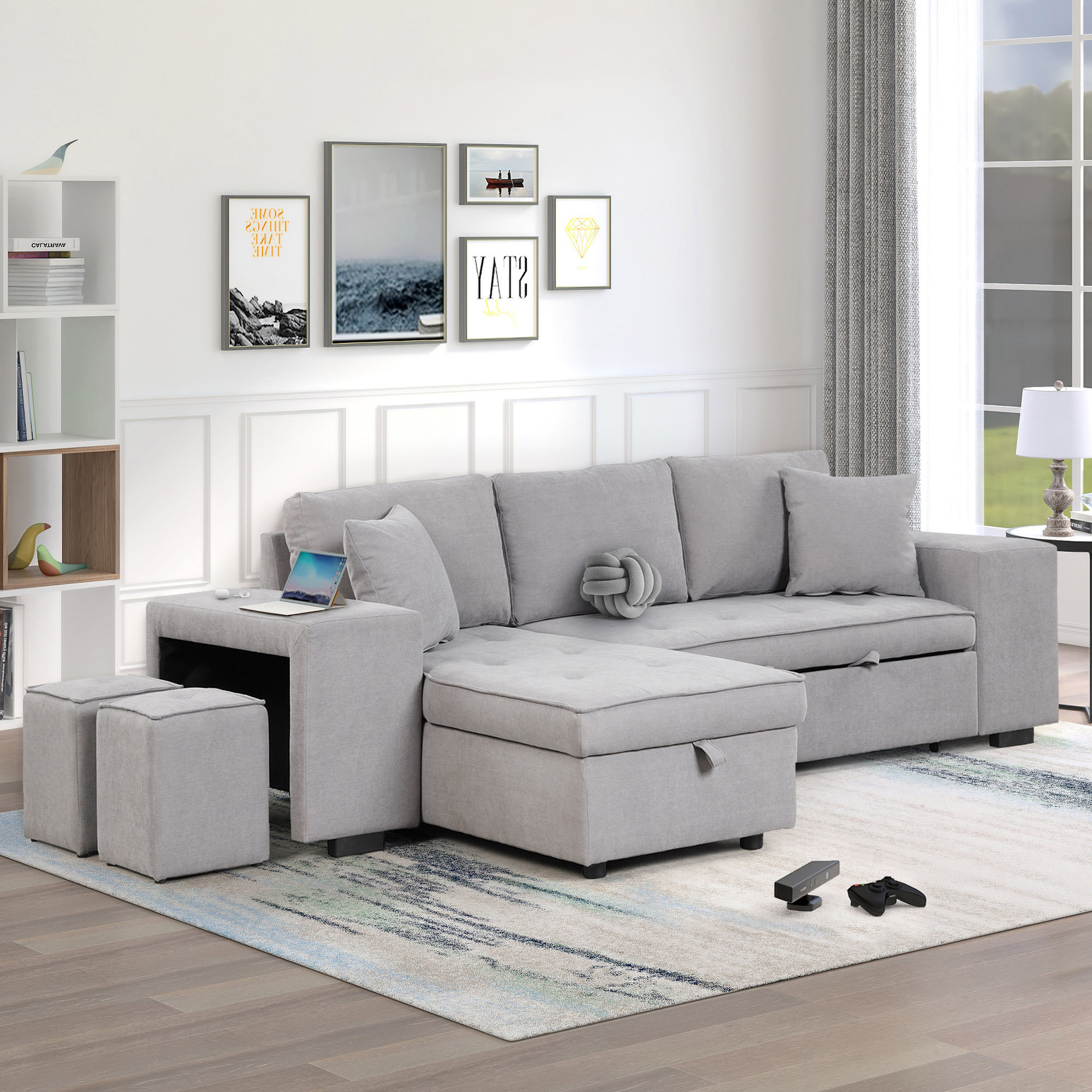 Hokku Designs Pull Out Sleeper Sofa With Storage Chaise And 2 Stools ...