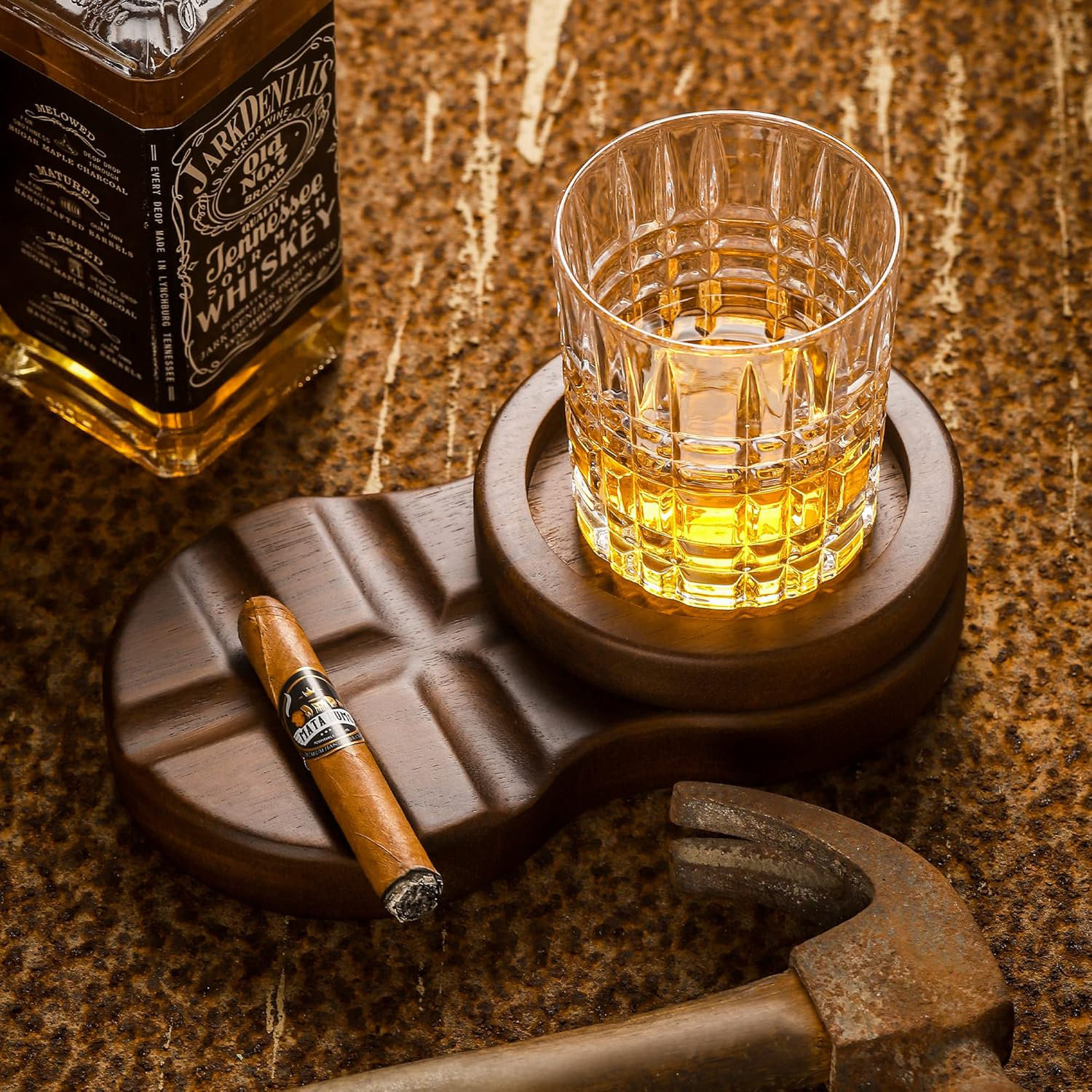Amzico Wooden Cigar Ashtray Coaster Whiskey Glass Tray & Revolving ...
