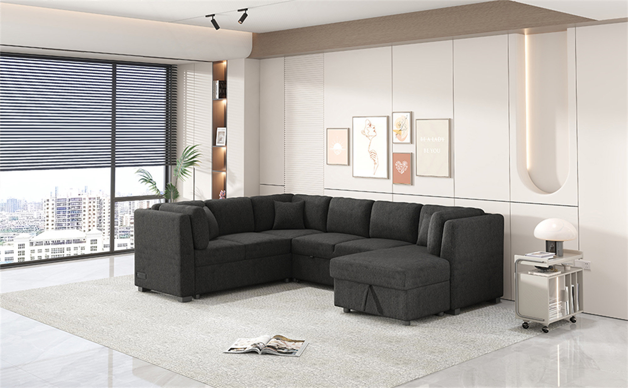 Brayden Studio 108.6 Inch U-Shaped Sectional Sofa Bed With Storage, USB ...