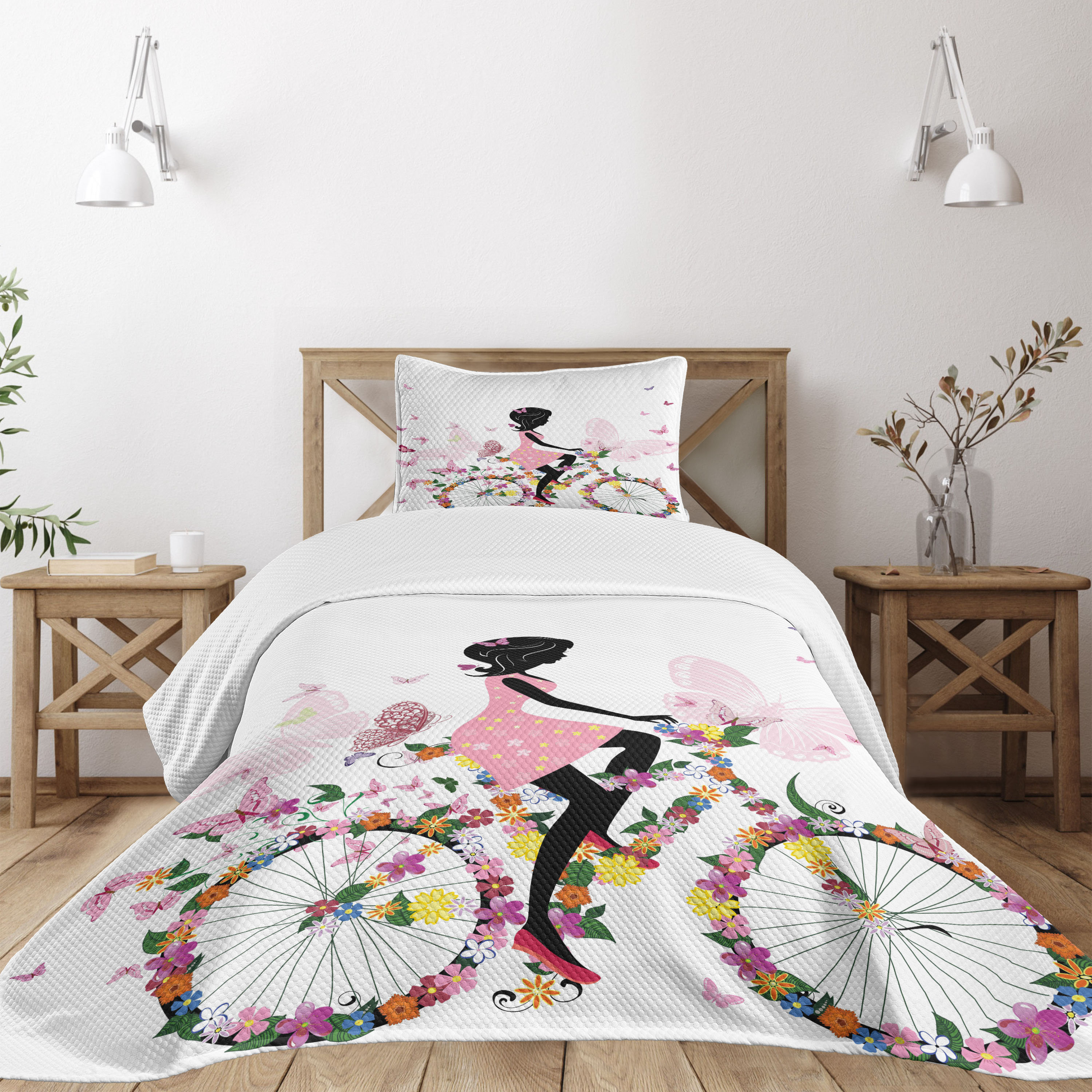 Ambesonne Bicycle Bedspread Set Girl Flower Butterflies Multicolor ...
