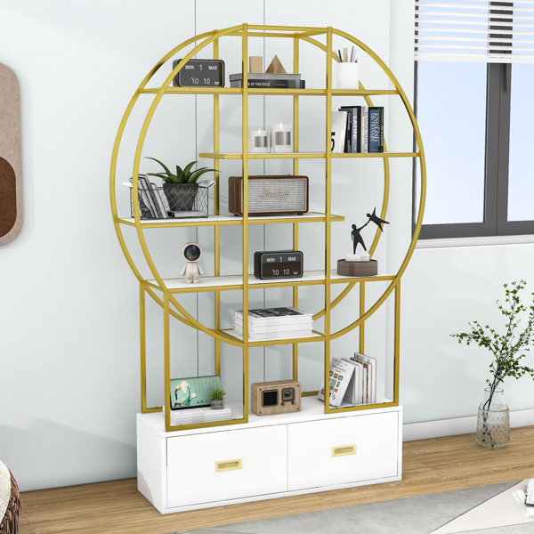 Mercer41 Burchel Round Bookcase with Display Shelf and 2 Drawers for ...