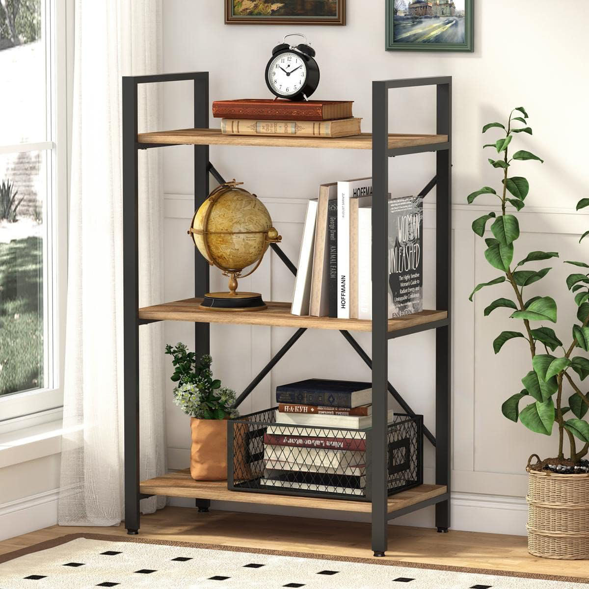 17 Stories 3-Tier Industrial Bookshelf, Space-Saving Vintage Oak ...