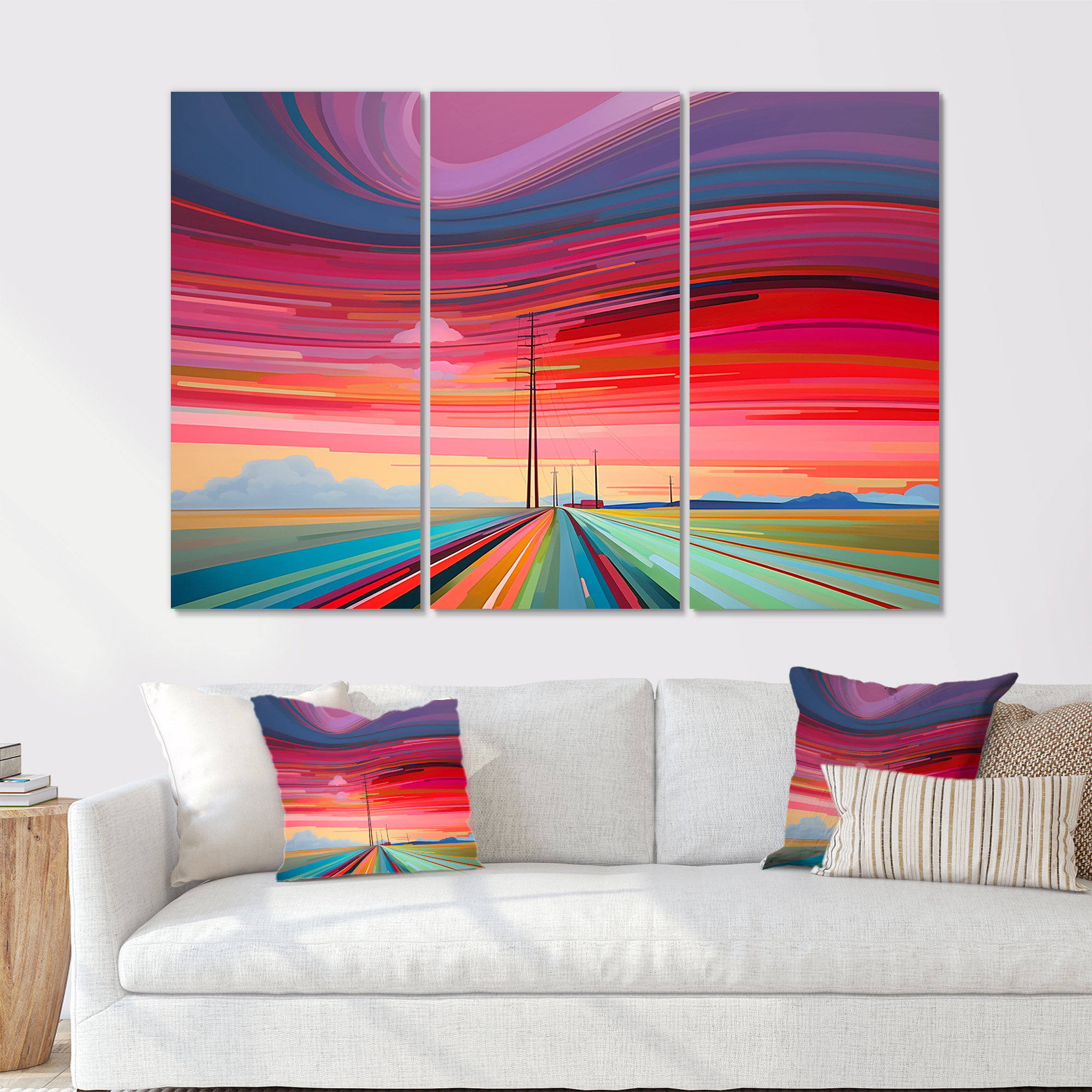 Design Art Red Sunset Mimal Country Road Horizontal Waves - Abstract ...