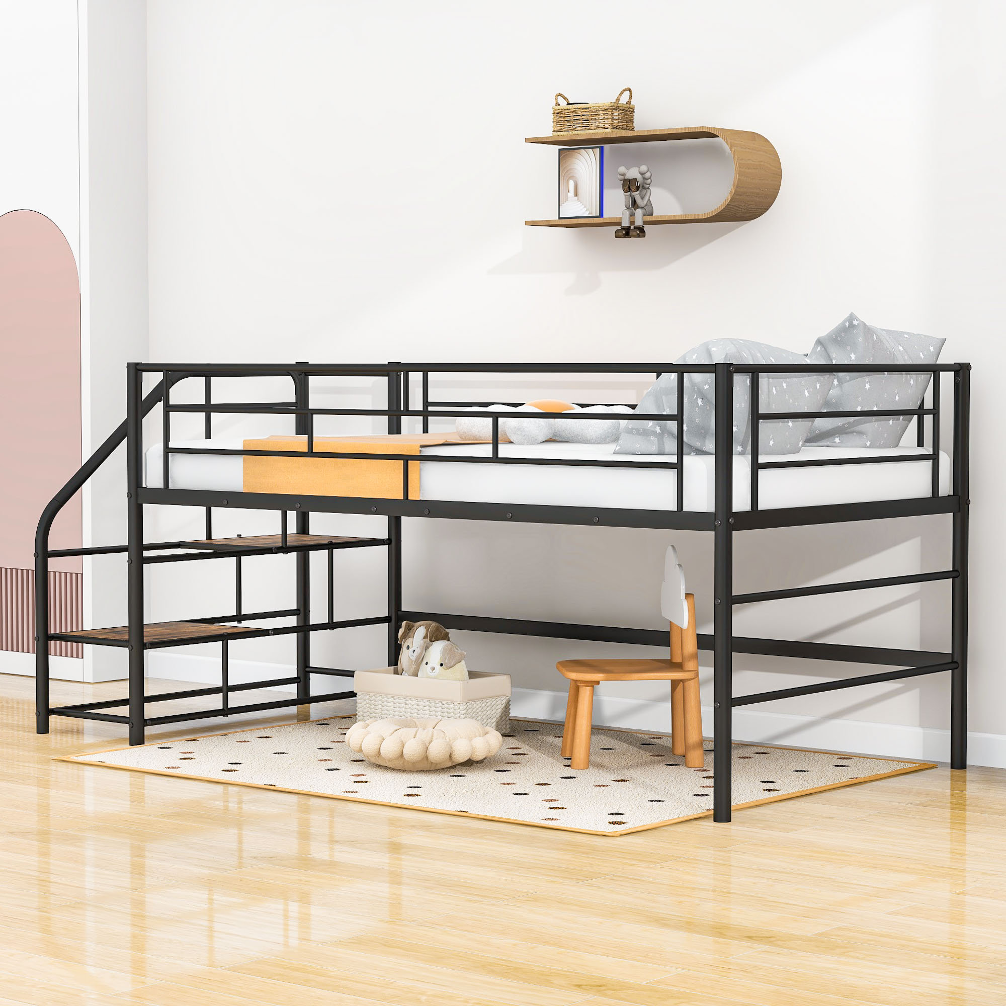 Harriet Bee Twin Metal Mid Loft Bed With Storage Stairs - Wayfair Canada