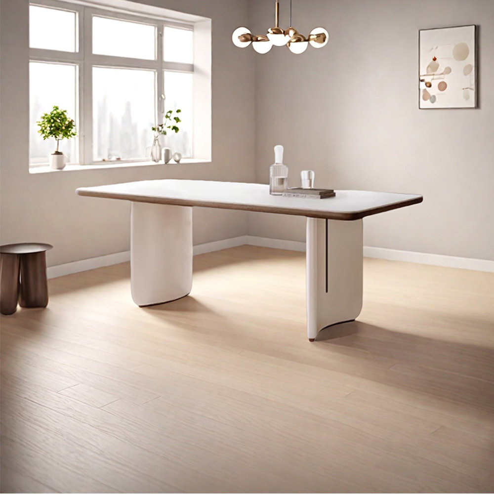 Ebern Designs Sintered Stone Dining Table with Curved Wood Legs | Wayfair