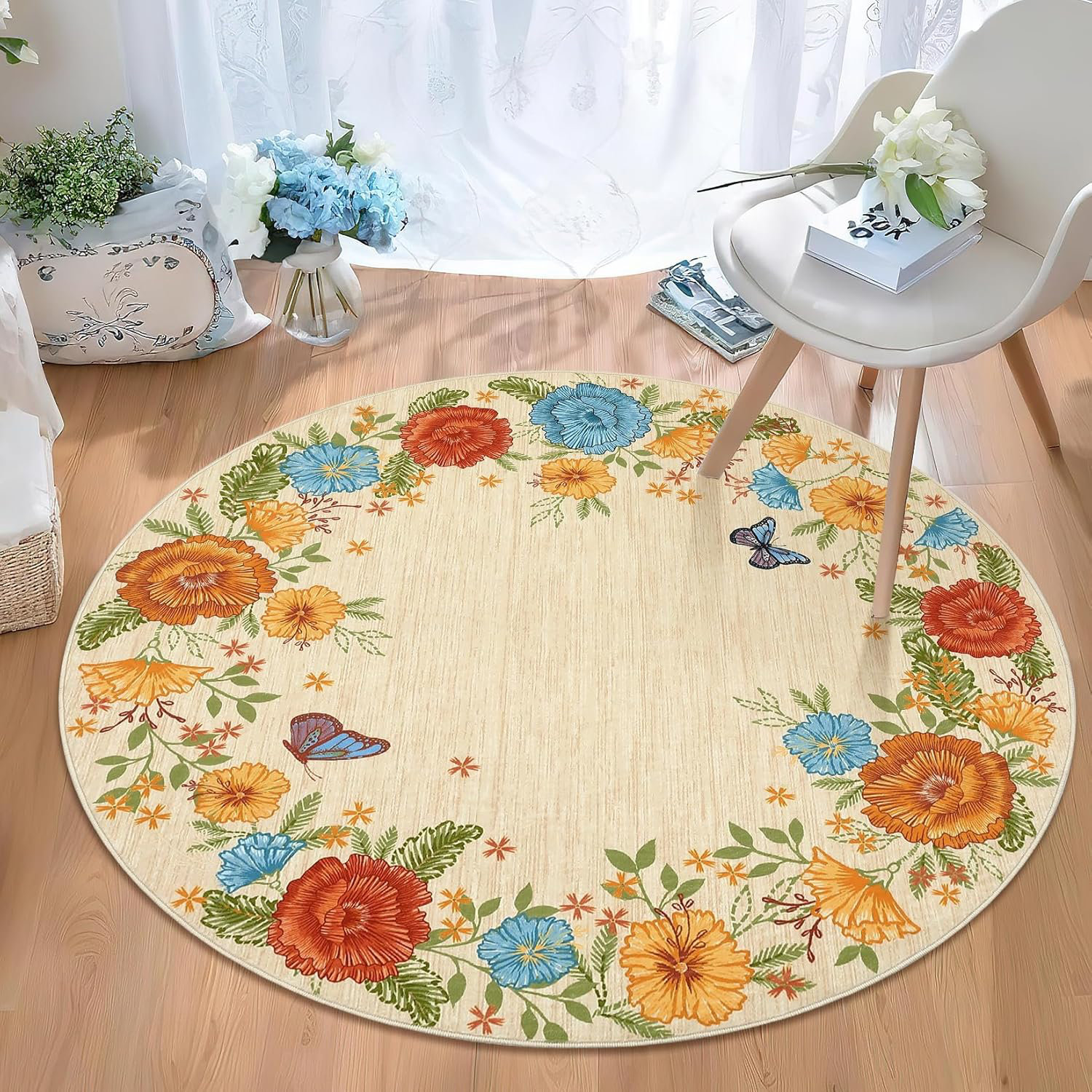 August Grove® Modern Floral Rug Washable Rug Scalloped Rug with Non ...