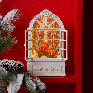 The Holiday Aisle® LED Snow Globe Window with Cardinal Family 9"H | Wayfair