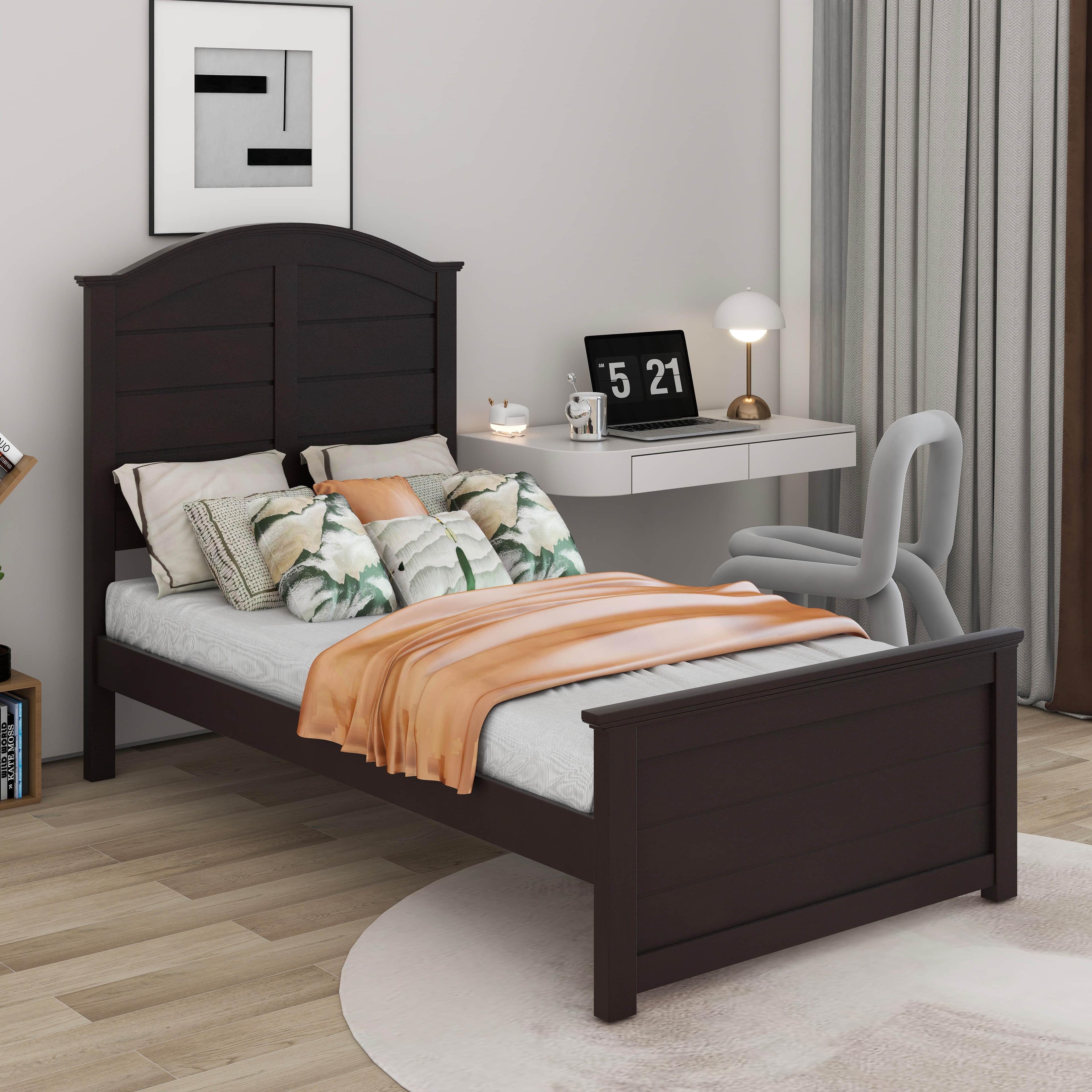 Lark Manor Farmhouse Wooden Platform Bed With Curl Design Headboard And ...
