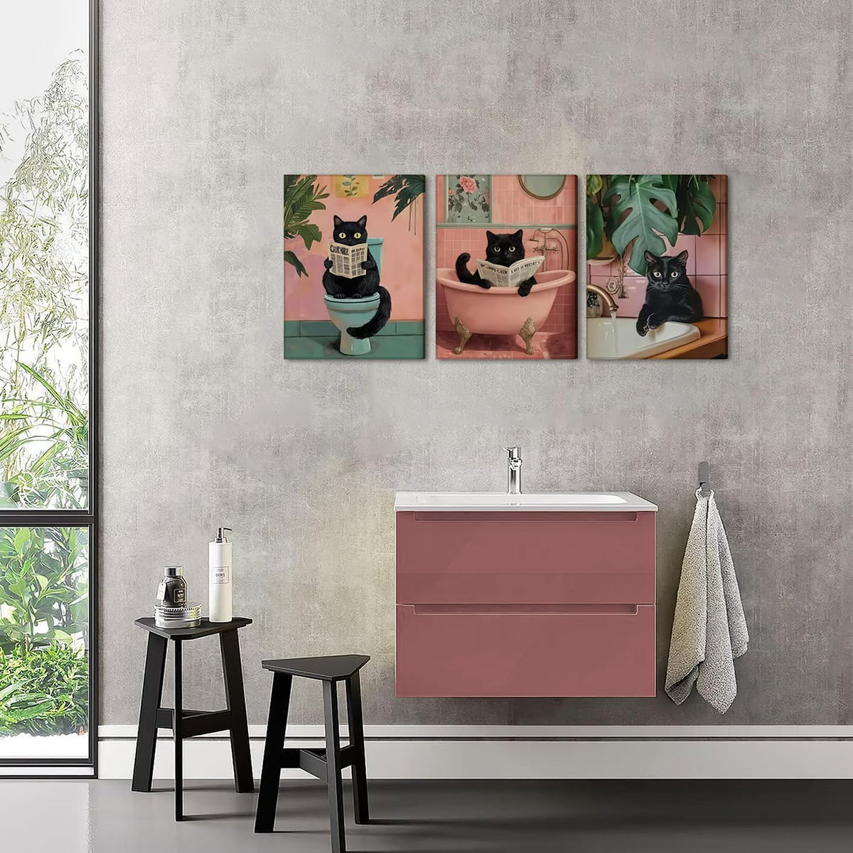 Latitude Run® Funny Bathroom Wall Art Set Of 3, Maximalist Black Cat ...