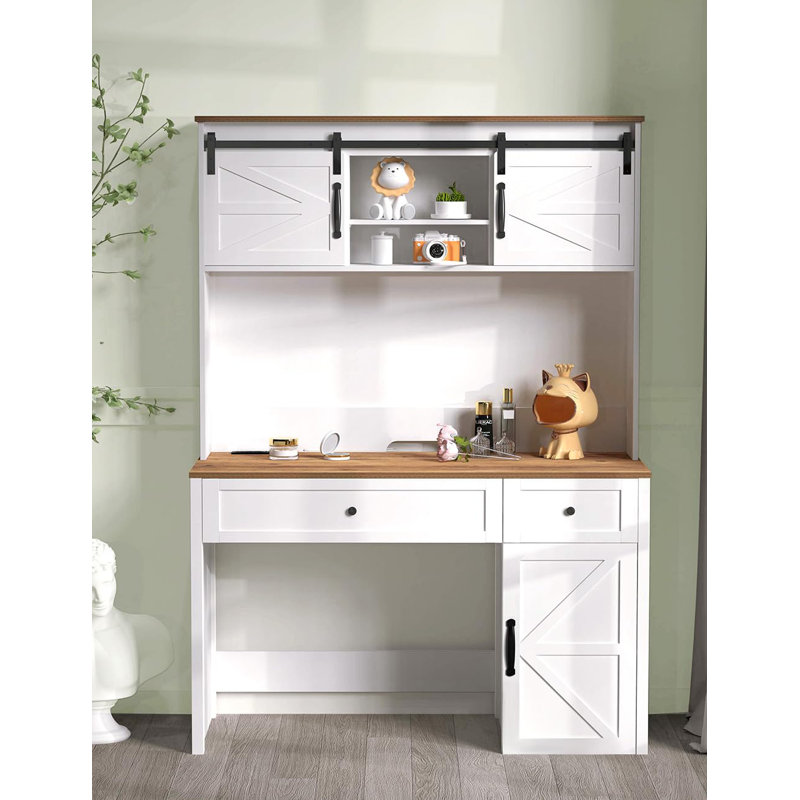 Gracie Oaks 47" Farmhouse Computer Desk With Hutch And Drawers And ...