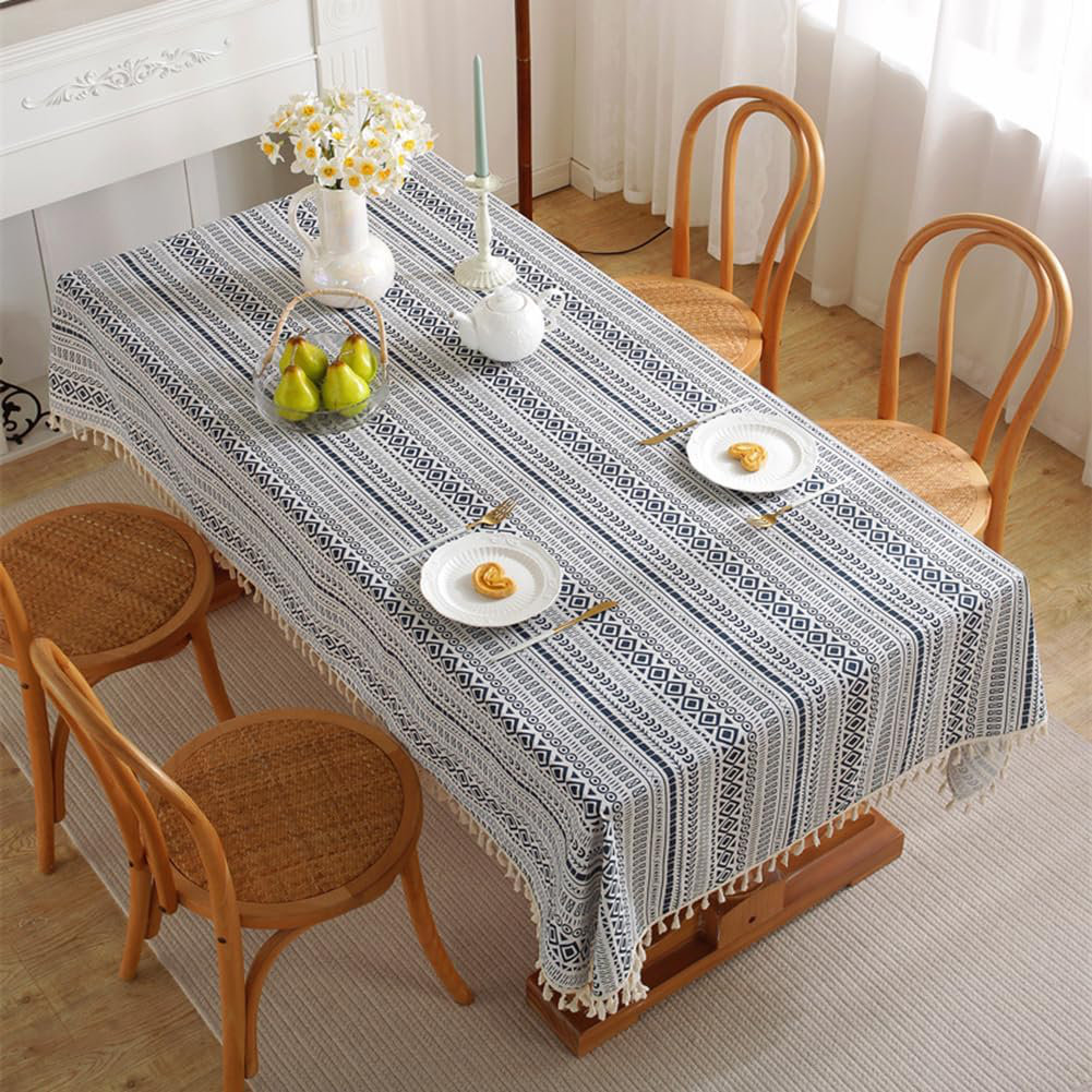 Dakota Fields White Blue Boho Cotton Linen Table Clothes with Tassels ...