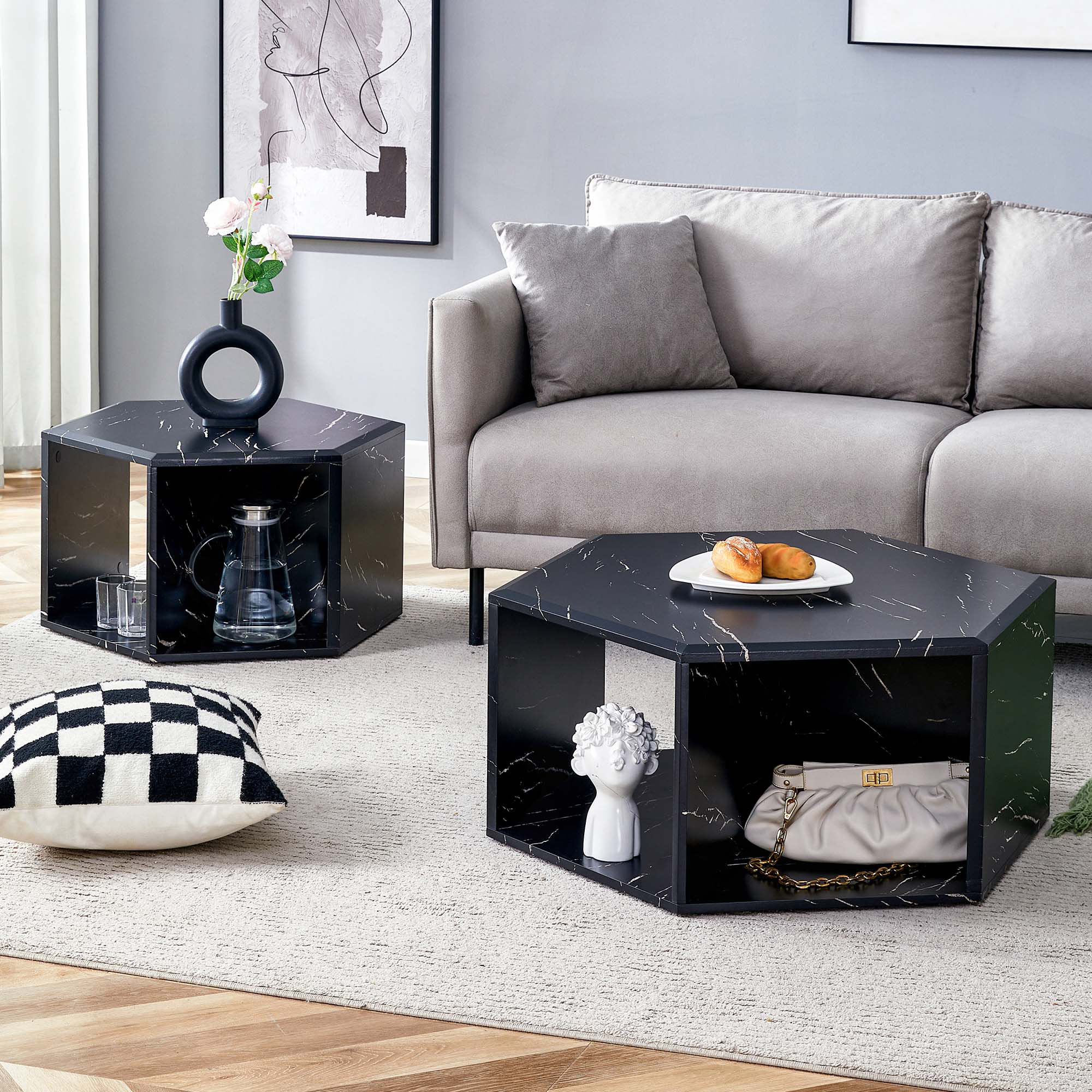 Ivy Bronx Minimalist White Patterns Hexagonal Coffee Table Set.Hexagonal MDF Coffee Table ...