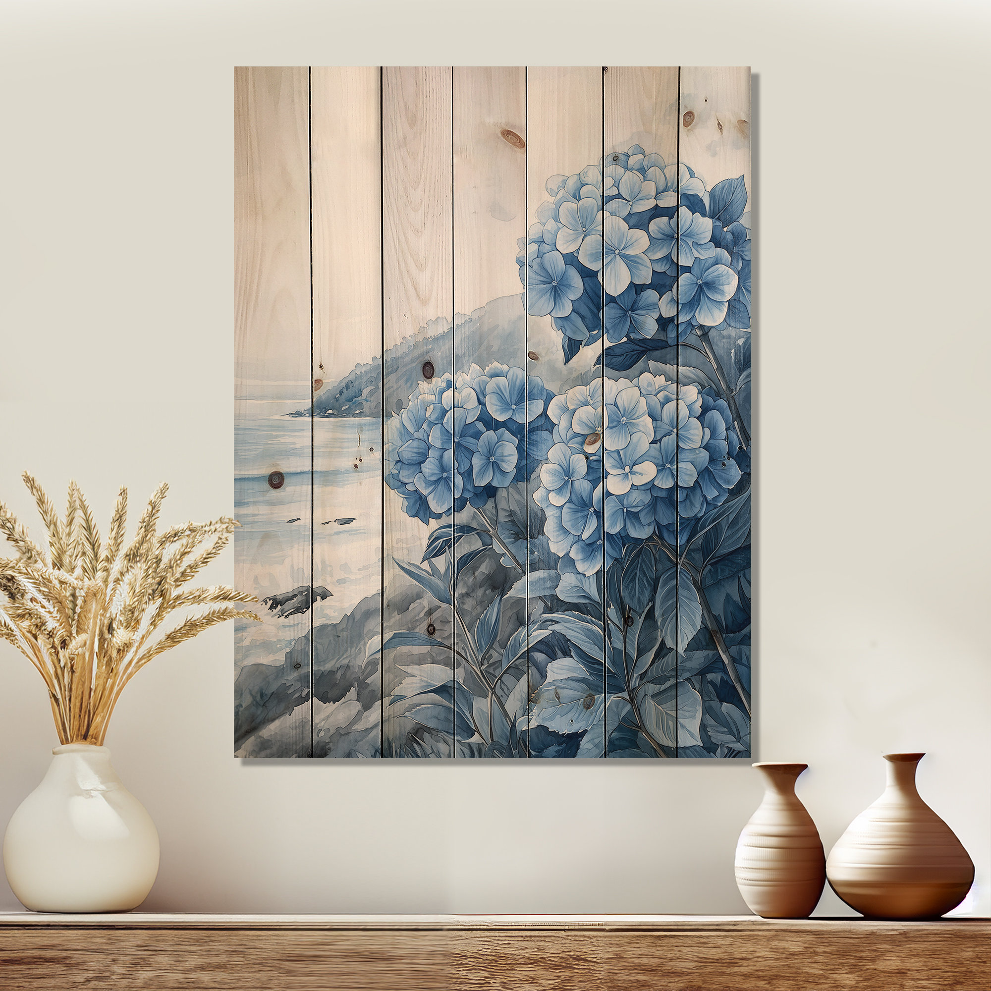 Design Art Hydrangeas By The Seaside II - Hydrangea Wood Print - On ...