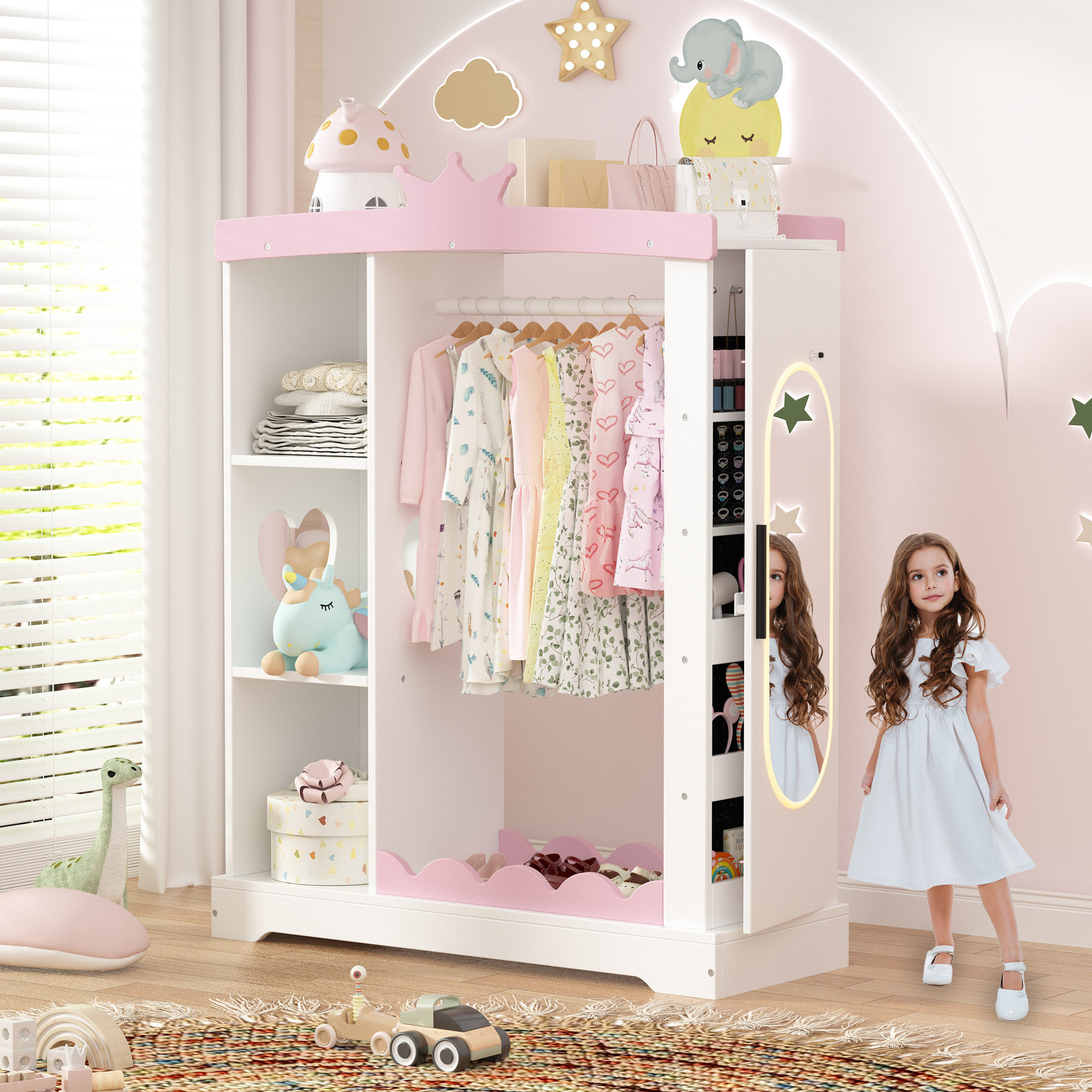 Harriet Bee Kids Armoire with Jewelry Cabinet, Dress up Storage with ...