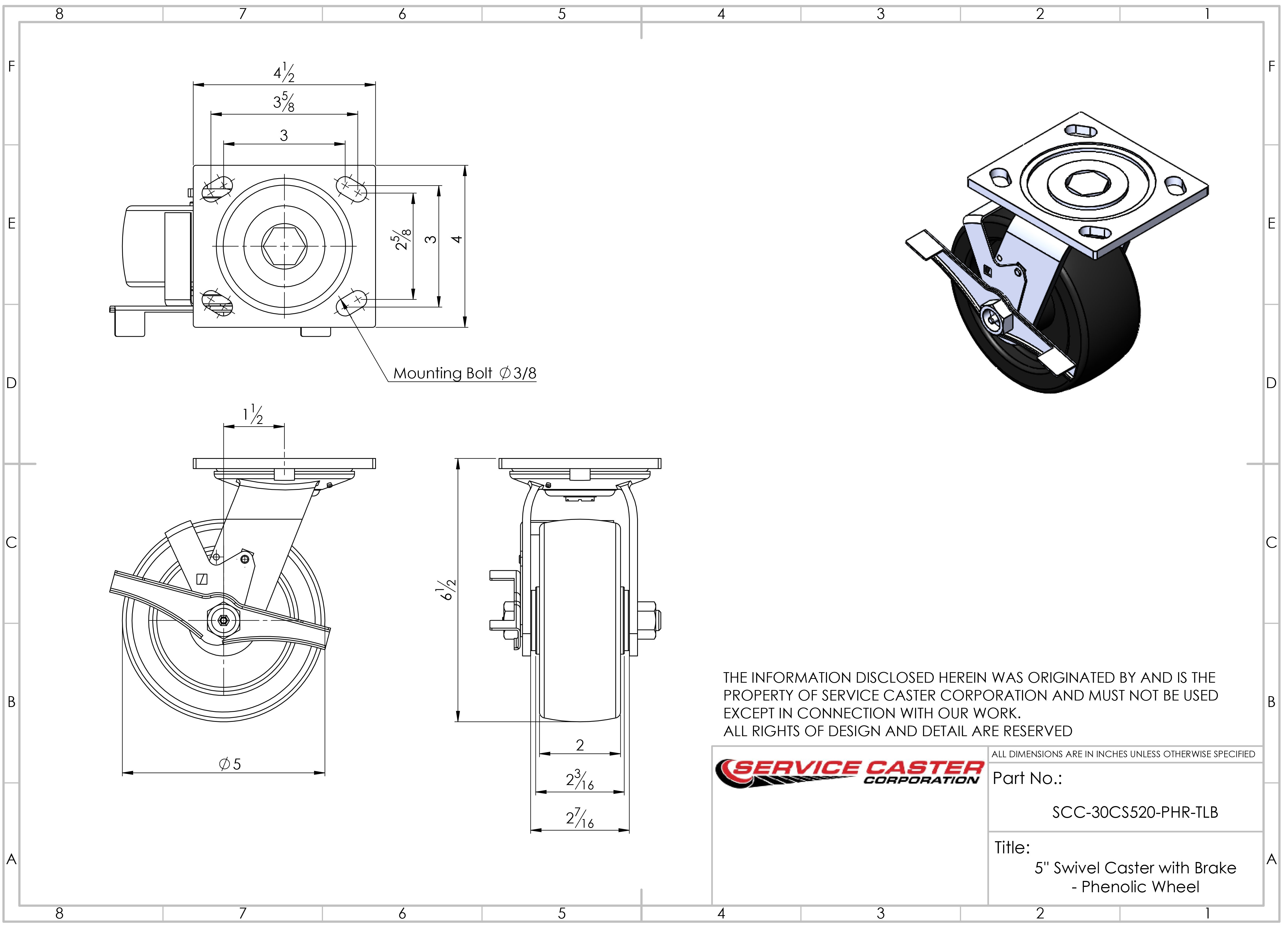 Service Caster 5 Inch Phenolic Caster Set with Roller Bearings 2 Brakes ...