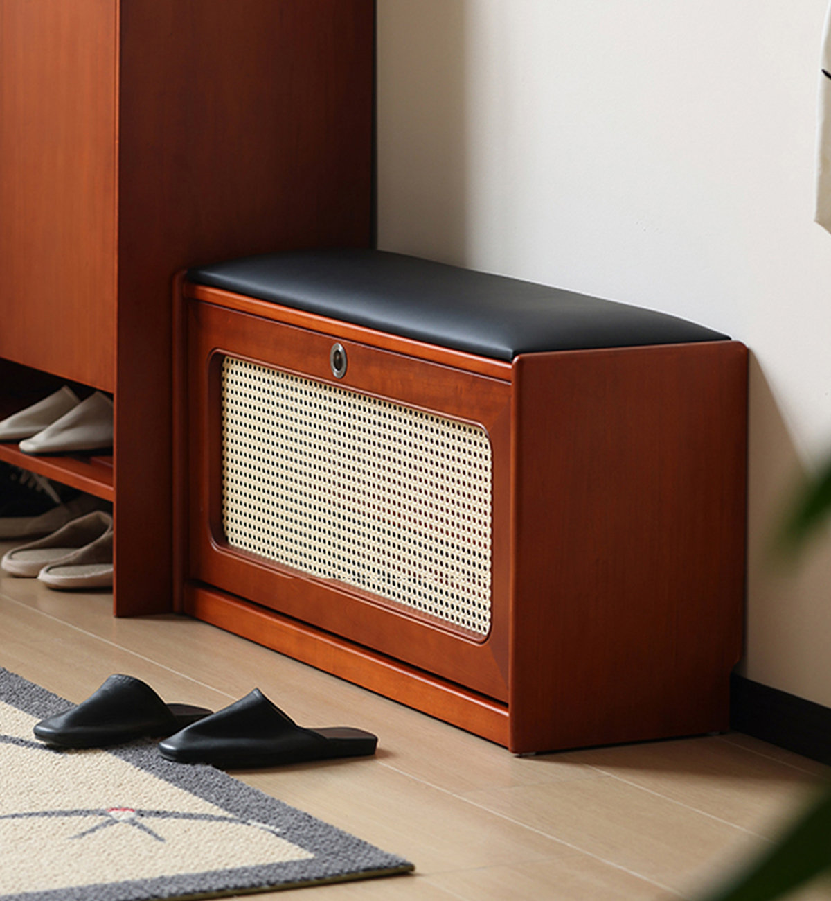 Everly Quinn Mid-Century Modern Solid Wood Tipping Shoe Storage Bench ...