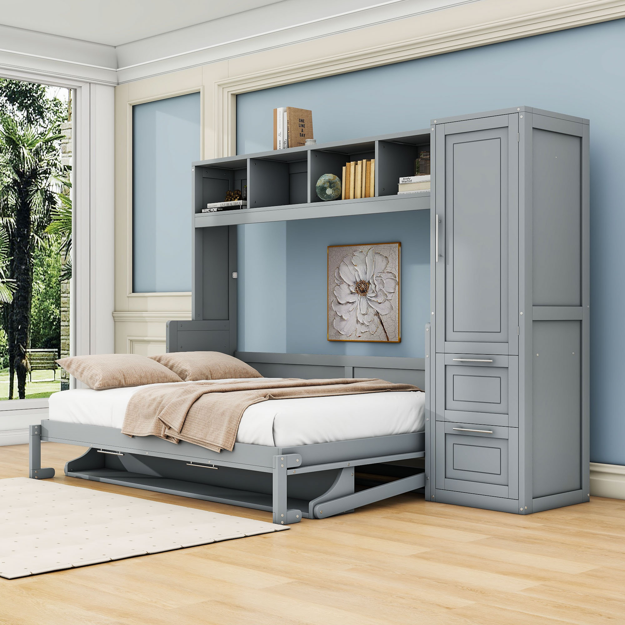 Red Barrel Studio® Desrae Wooden Murphy Bed with Closet and 2 Drawers ...