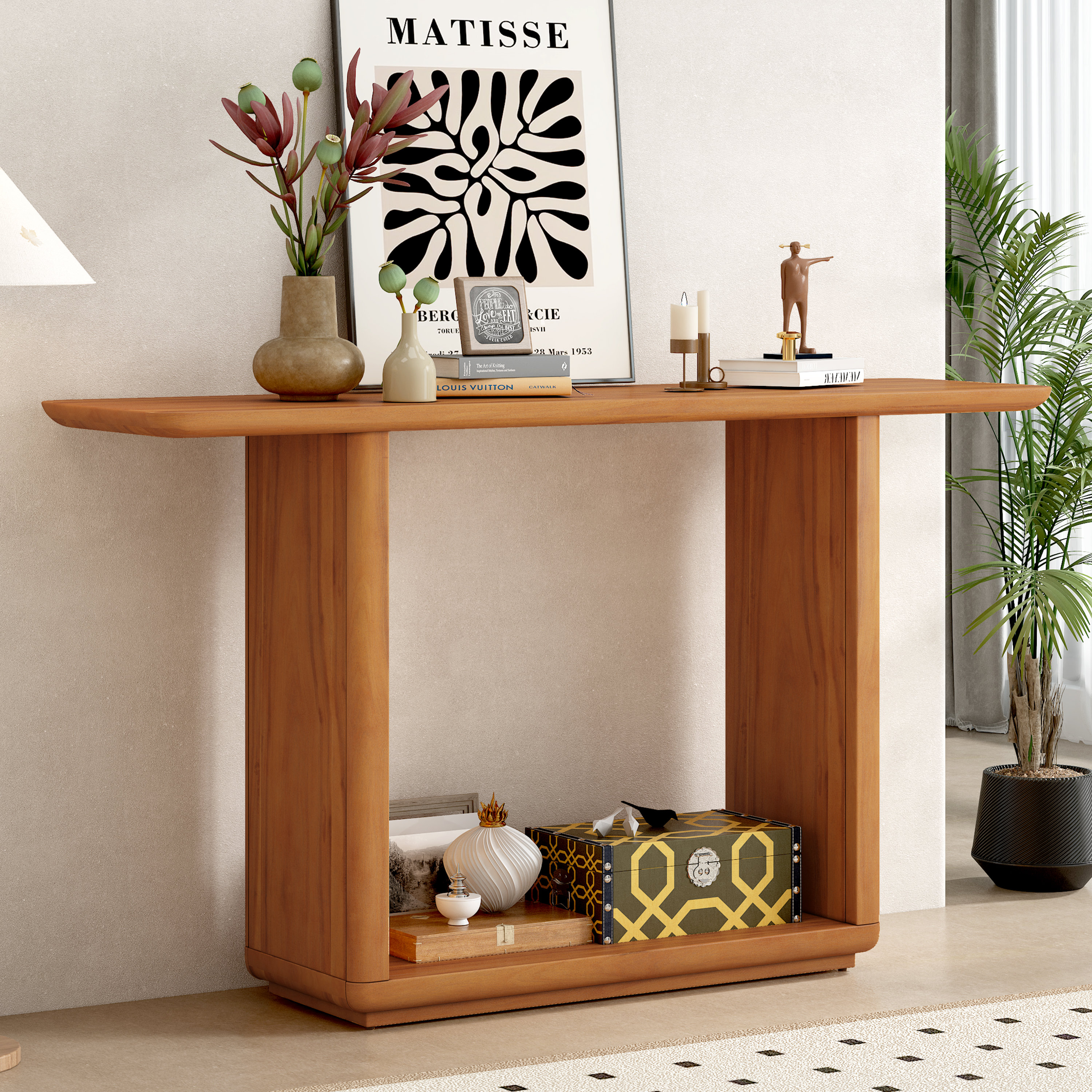 Ebern Designs Elegant Minimalist Console Table With Curved Corners,Natural Wood Veneer,U-Base ...