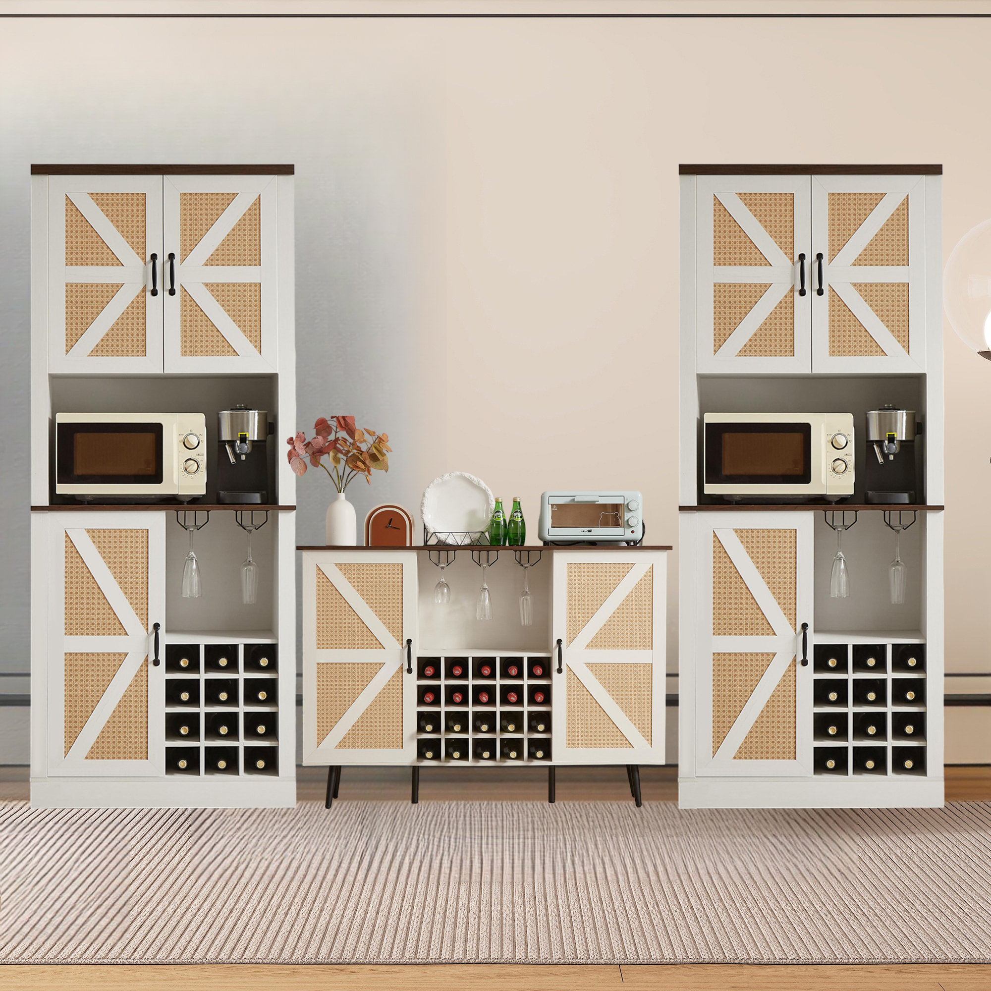 Bay Isle Home™ 118" Bar Cabinet,3 Piece Rattan Bar Cabinet Set With ...