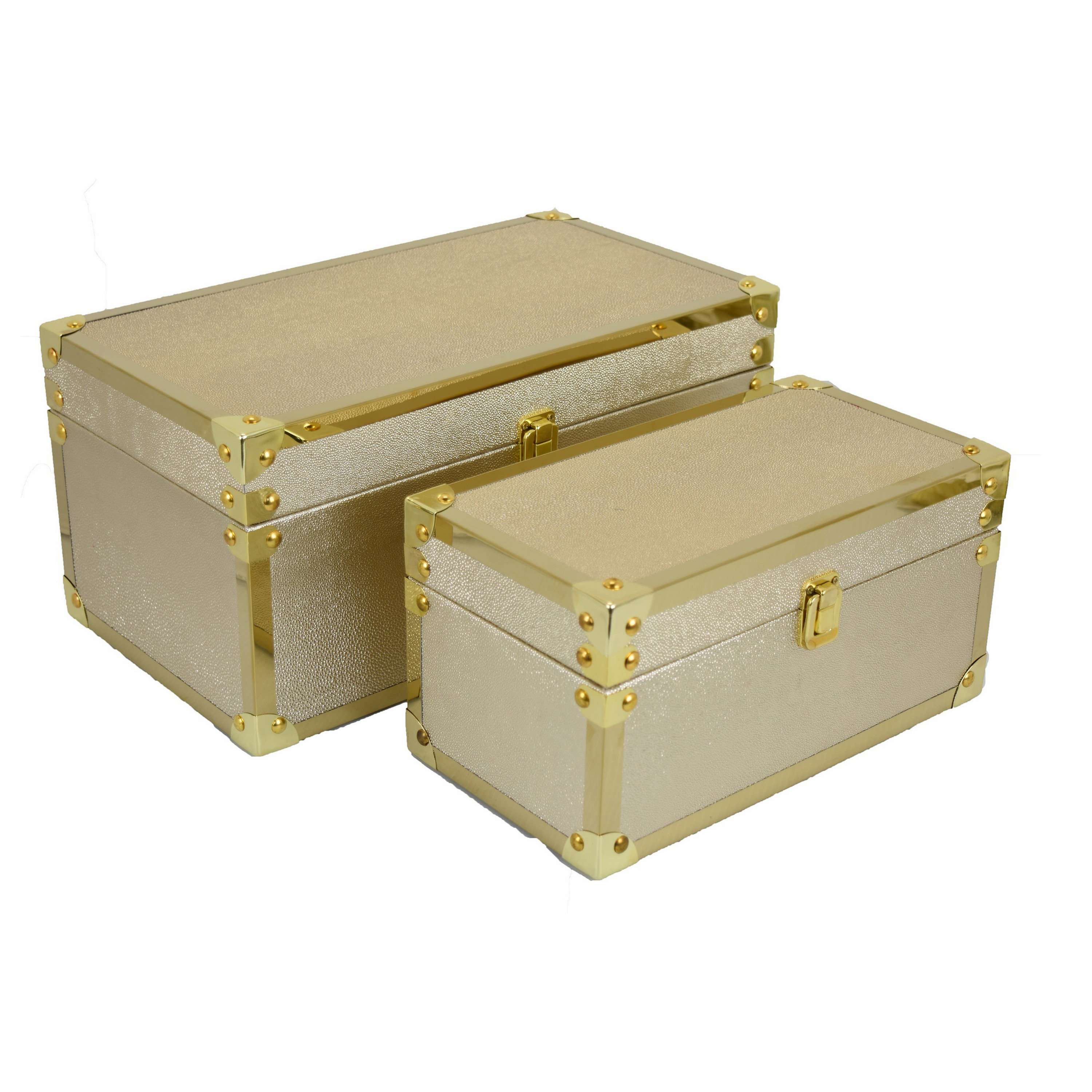 Benjara Mecca Storage Box Set of 2, Rivet Accents, Metal Trim, Wood ...