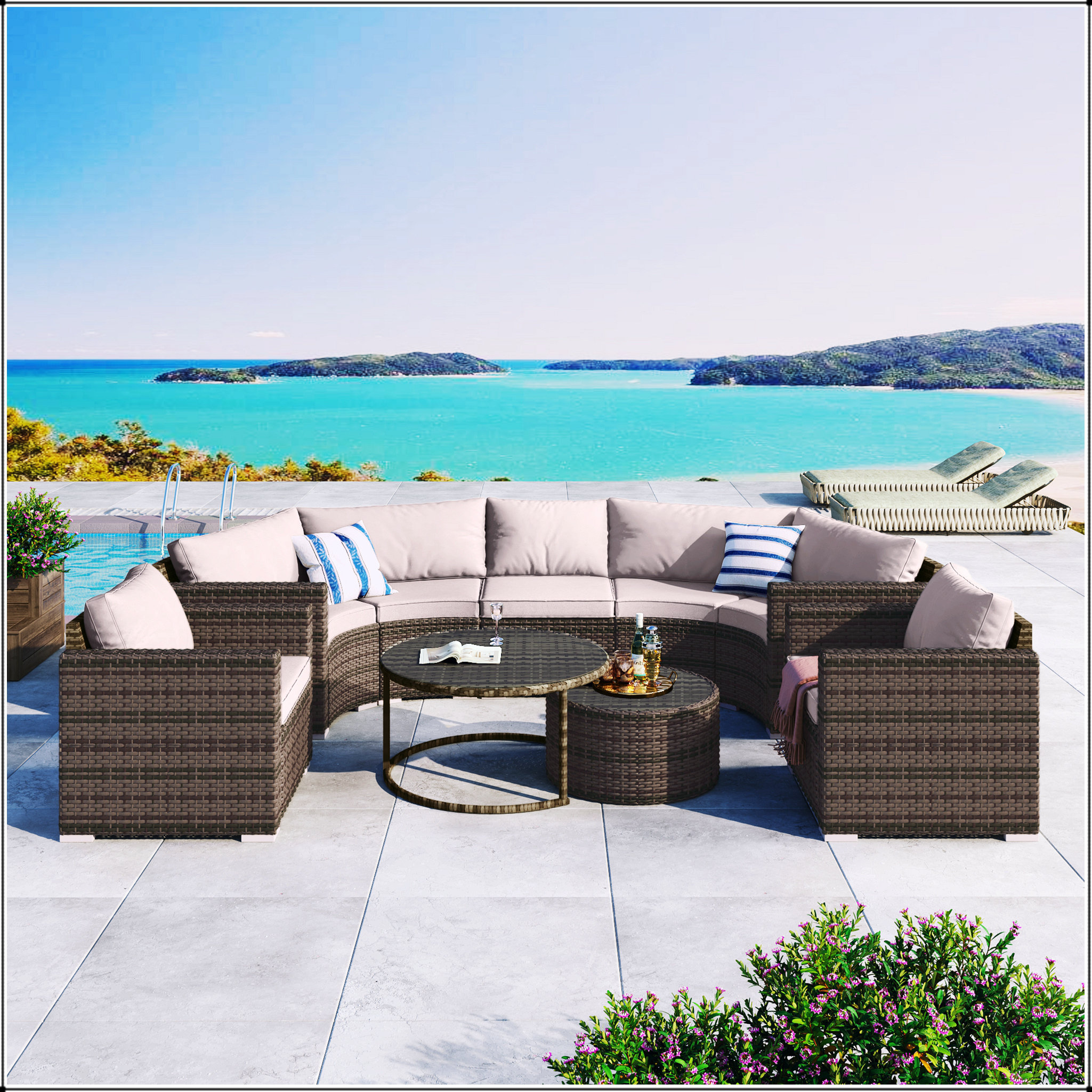 Ebern Designs 9-Pieces Outdoor Half-moon Patio Sofa Set, Round Sofa Set ...