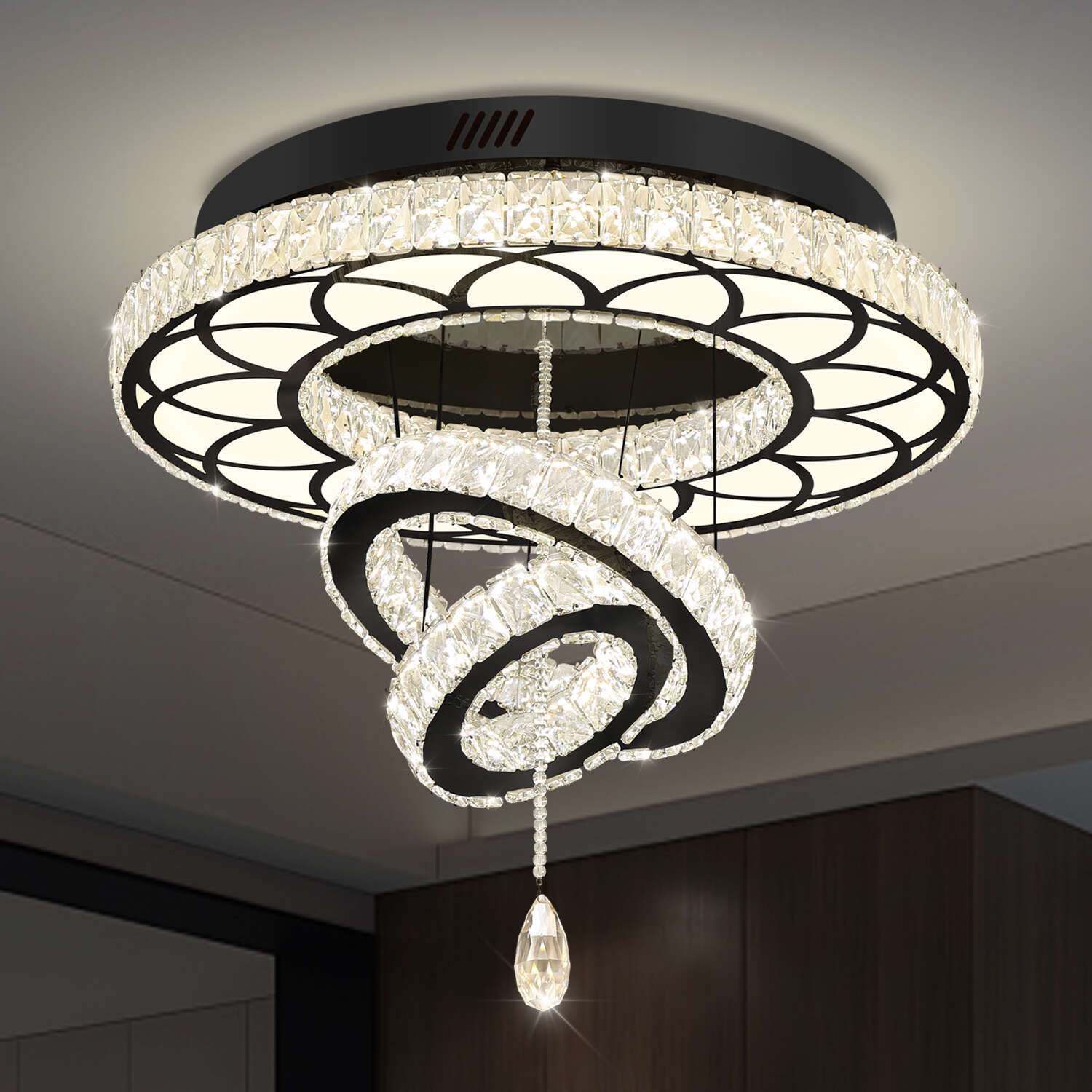 Everly Quinn Dia 24" Crystal Chandelier Crystal Black Ceiling Light ...