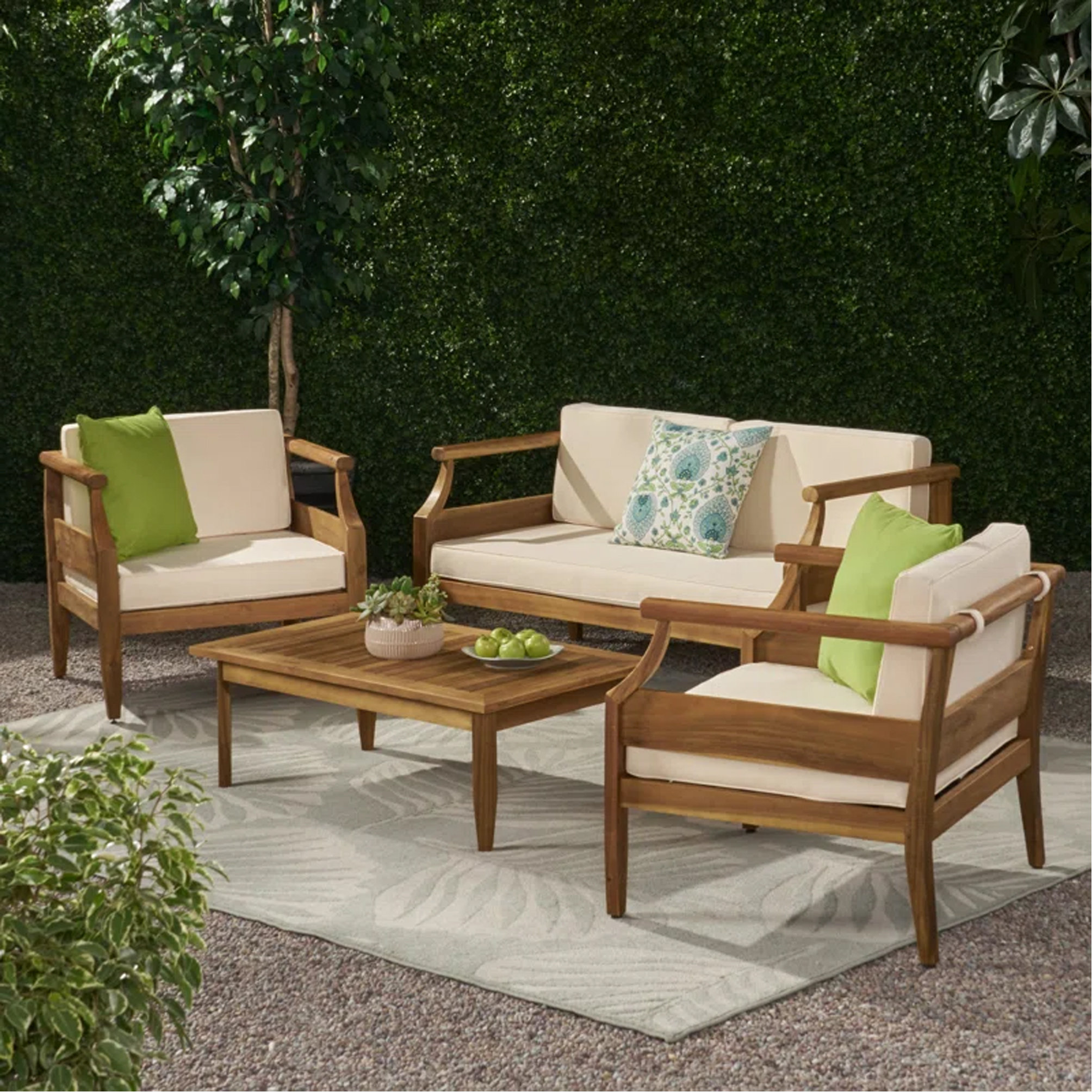 Dakota Fields Outdoor Mid-Century Modern Cushioned Acacia 4-Seat Chat ...