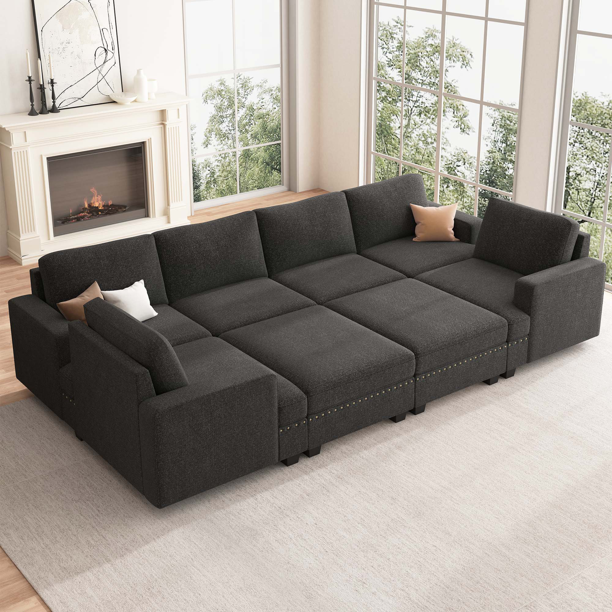 Anureet 8 Piece Upholstered Sectional Wade Logan Fabric Dark Gray Polyester