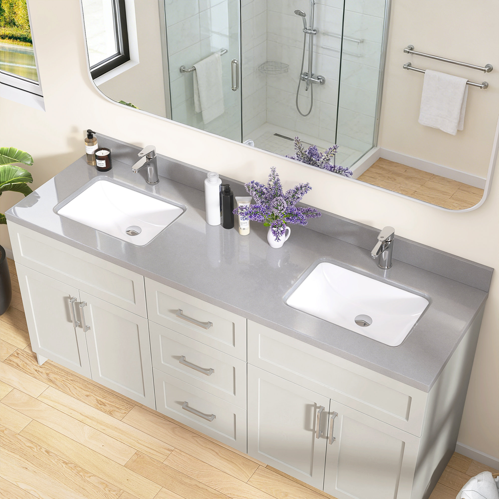 GETPRO 72'' W X 22'' D Engineered Stone Gray Vanity Top Double Sinks ...