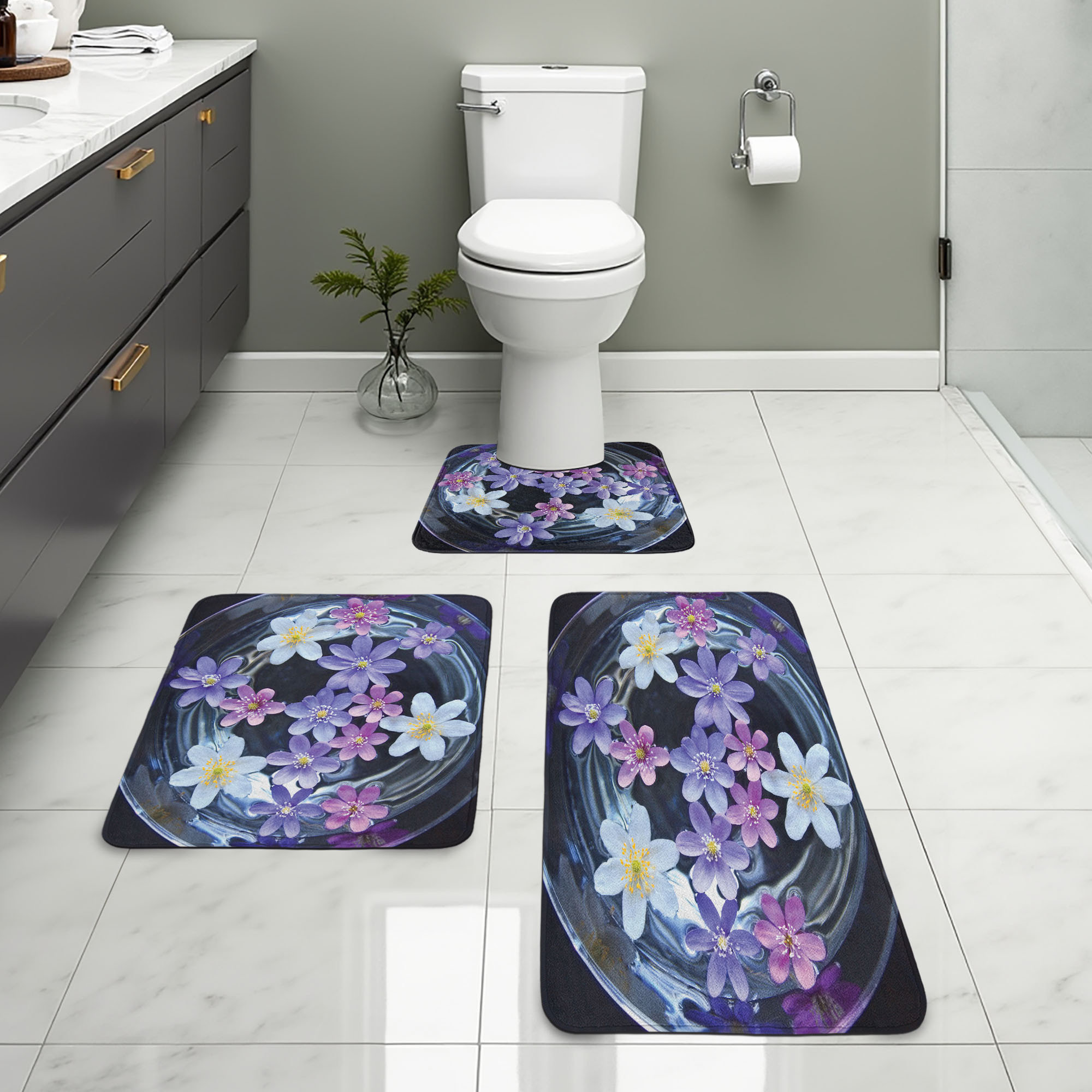 East Urban Home Flower Bathroom Rug Set 3 Pieces U-Shape & Rectangle ...