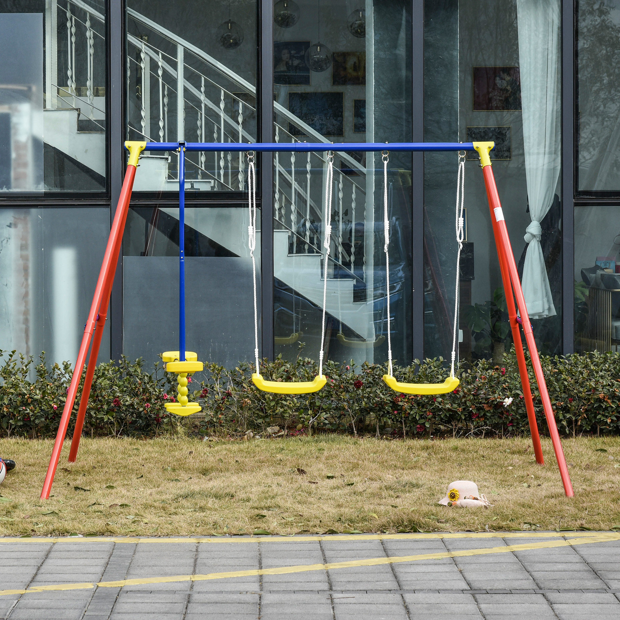 Outsunny Metal Swing Set with 2 Seats Glider A-Frame Stand Adjustable ...