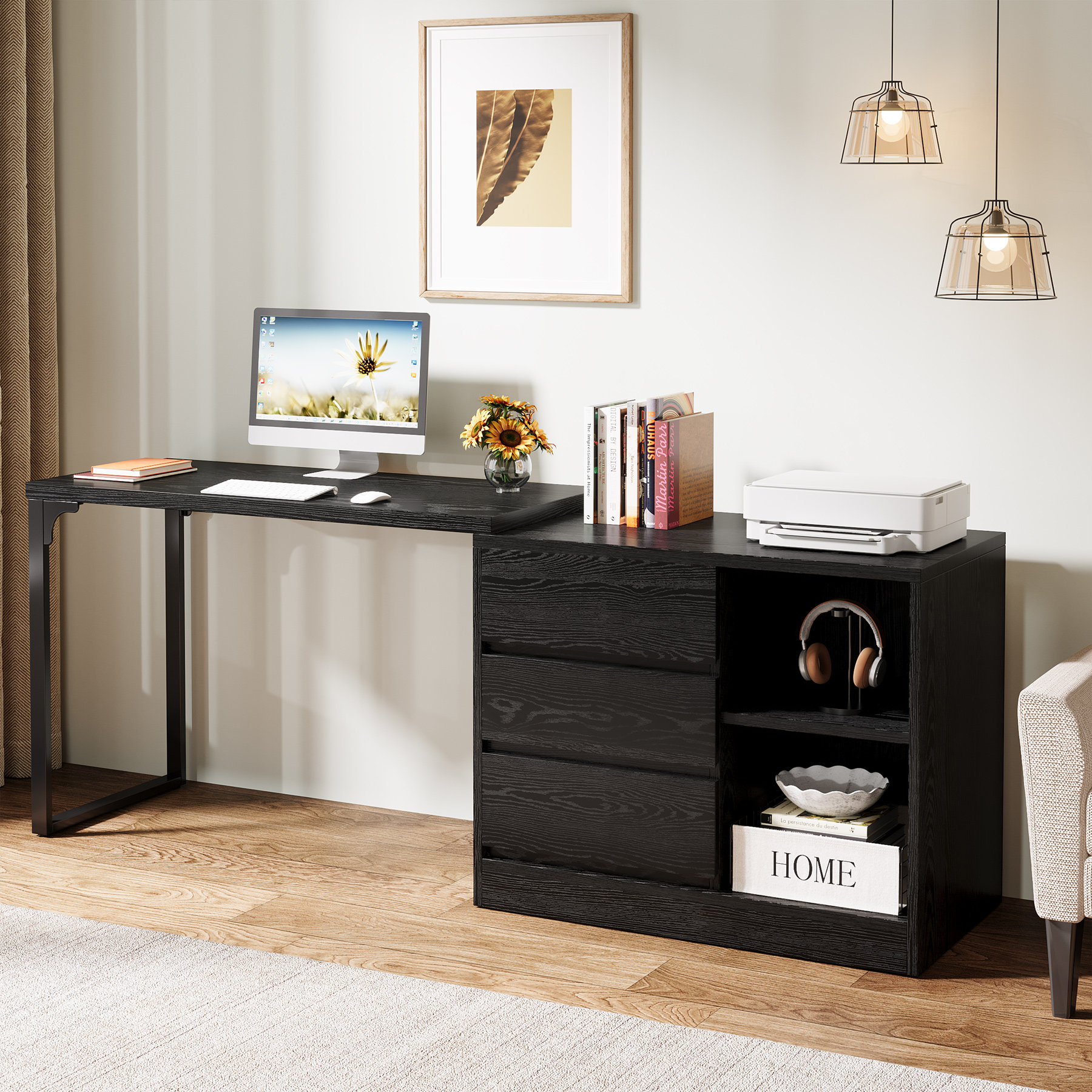 Ebern Designs Reversible L Shaped Computer Desk With Drawer Cabinet ...