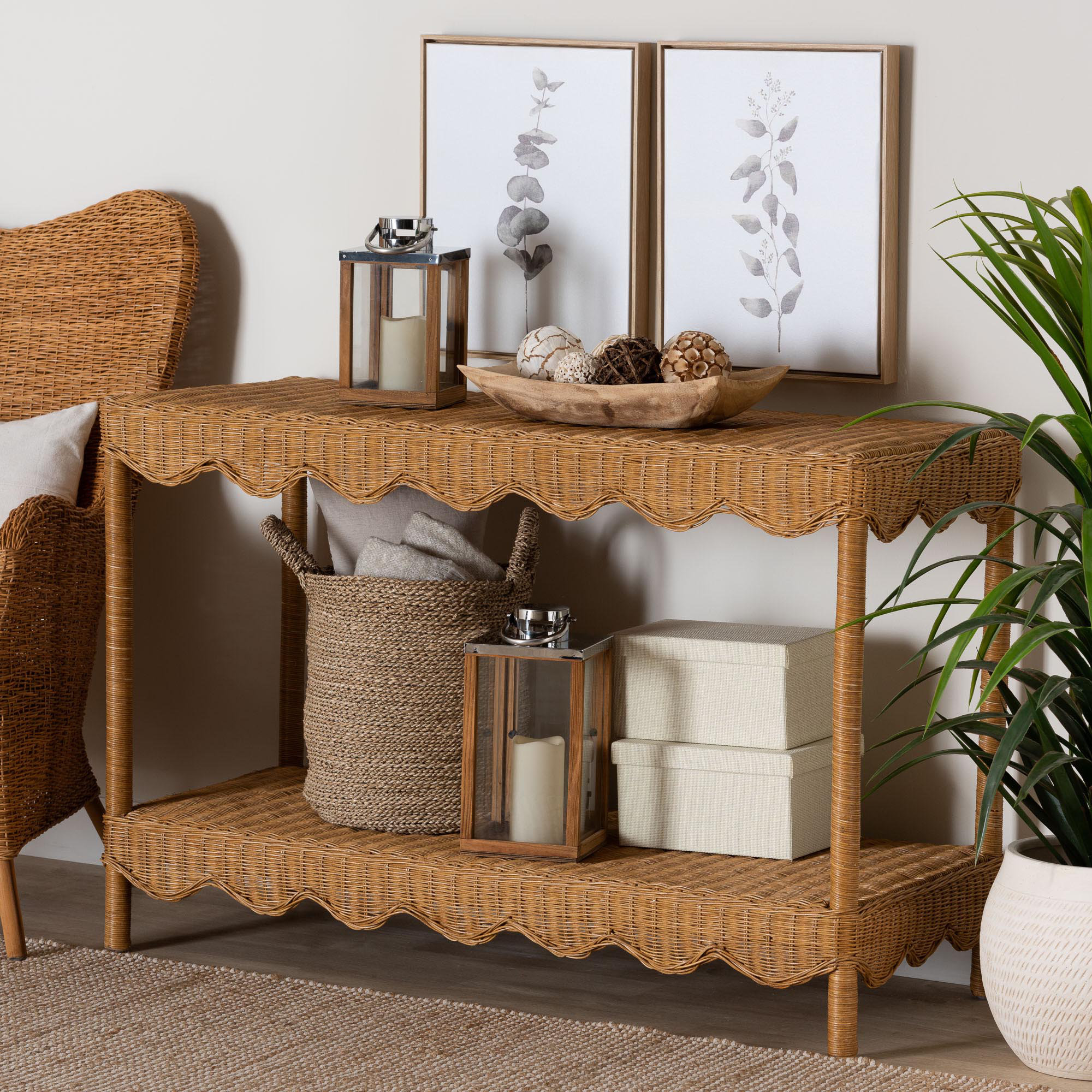 Bayou Breeze Bystrik Bohemian Light Honey Scalloped Rattan Console ...