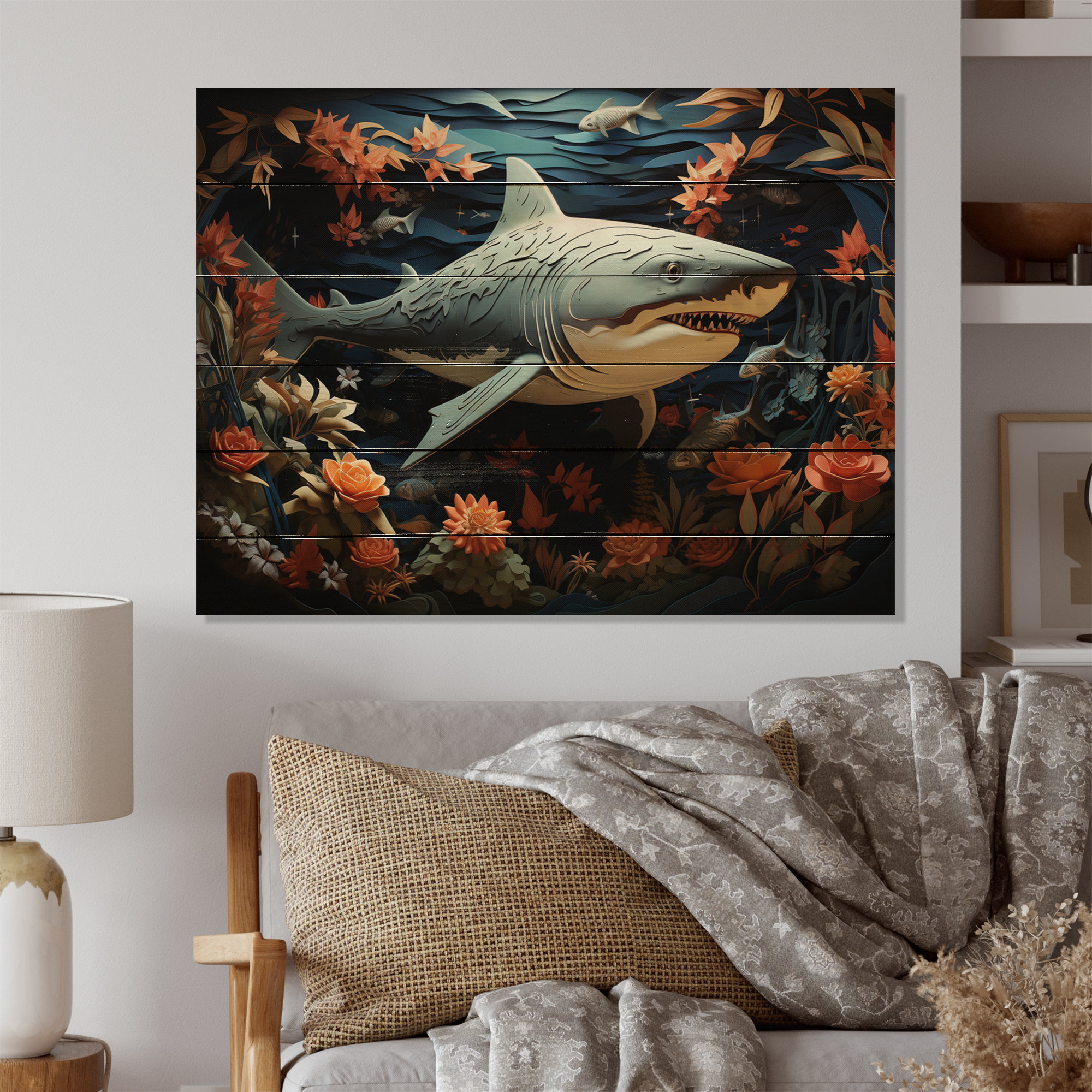 Dovecove Bounaga Blue Shark Silent Hunter Papercut On Wood Print ...