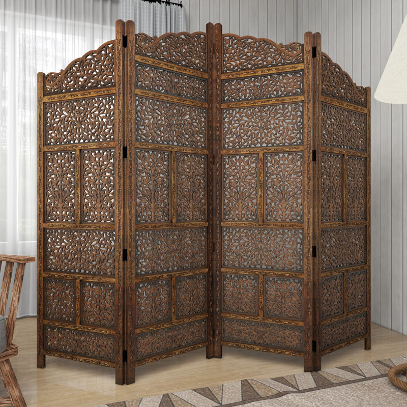 Bungalow Rose Wooden Foldable 4 Panel Floral Partition Room Divider ...