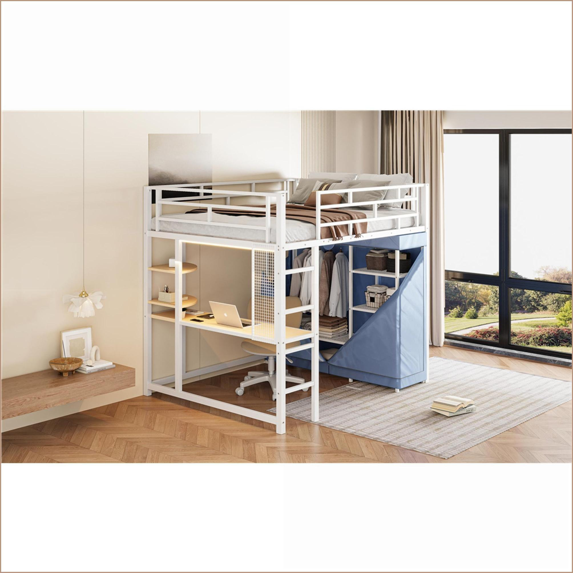 Latitude Run® Twin Size Metal Loft Bed with Desk, Wardrobe & Power ...