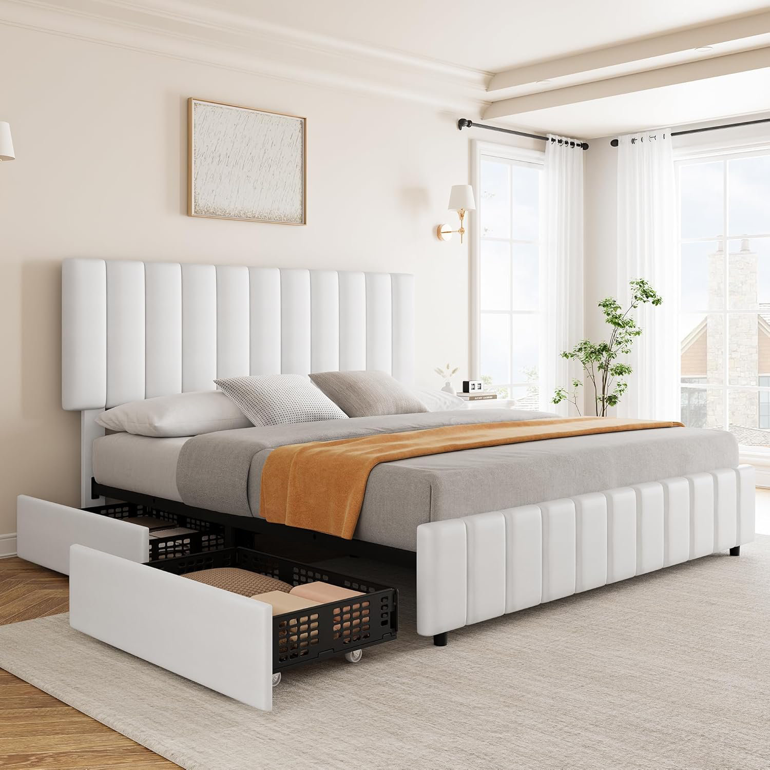 17 Stories Queen PU Leather Upholstered Platform Bed Frame with 4 ...